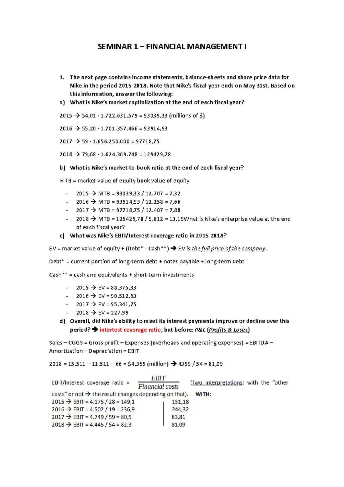 Seminari 1 - Financial Management I: Key Insights & Calculations - Studocu
