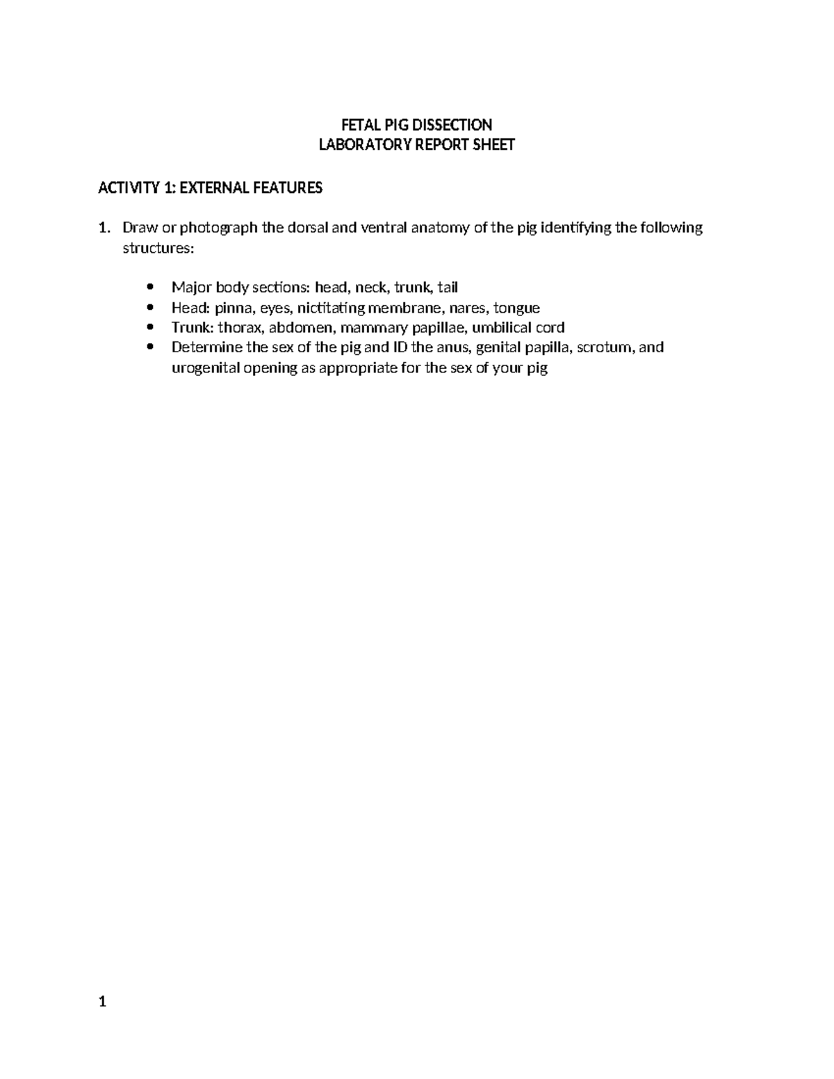 Fetal Pig Dissection Lab Report Sheet: External & Internal Anatomy ...