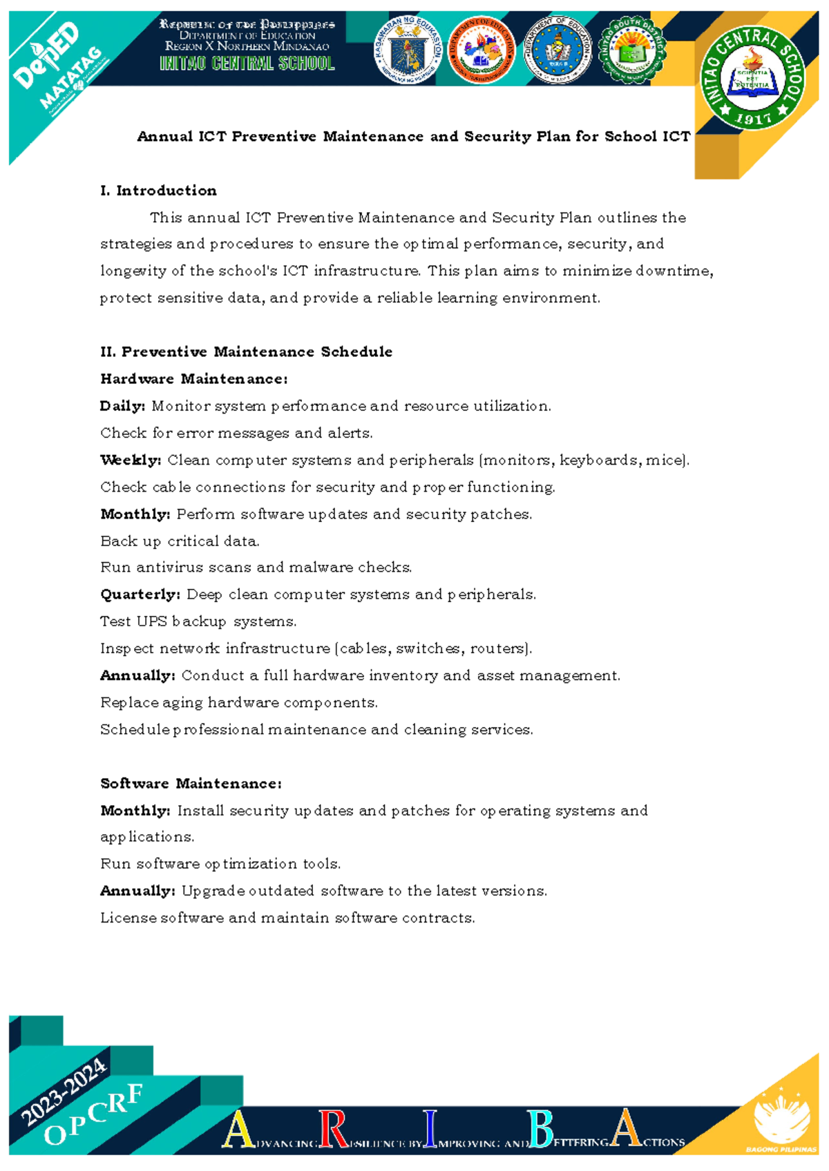 Annual ICT Preventive Maintenance & Security Plan for School ICT - Studocu