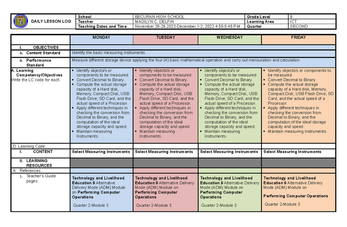 DLL ICT 7 1ST Quarter WEEK 4 - DAILY LESSON LOG School BECURAN HIGH ...