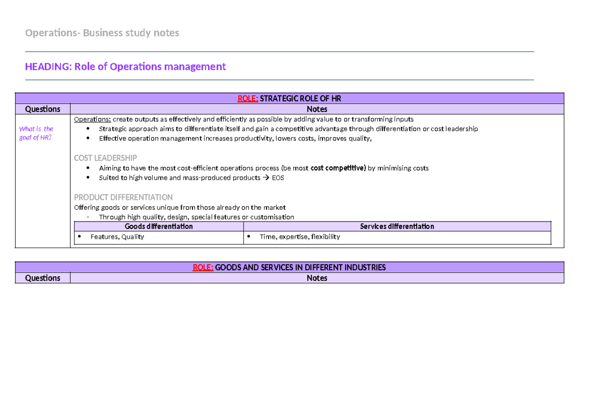 Operations Management Notes: Strategic Role and Key Functions (BUS 101 ...