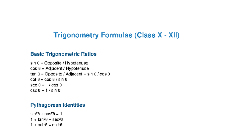 Trigonometry Formulas (Class X - XII) Comprehensive Guide - Studocu