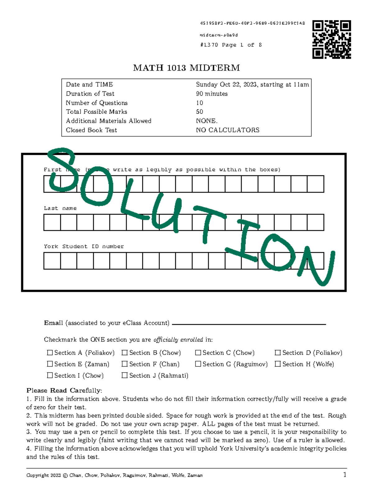 MATH 1013 F23 midterm solutions - MATH 1013 MIDTERM Date and TIME Sunday Oct 22, 2023, starting ...