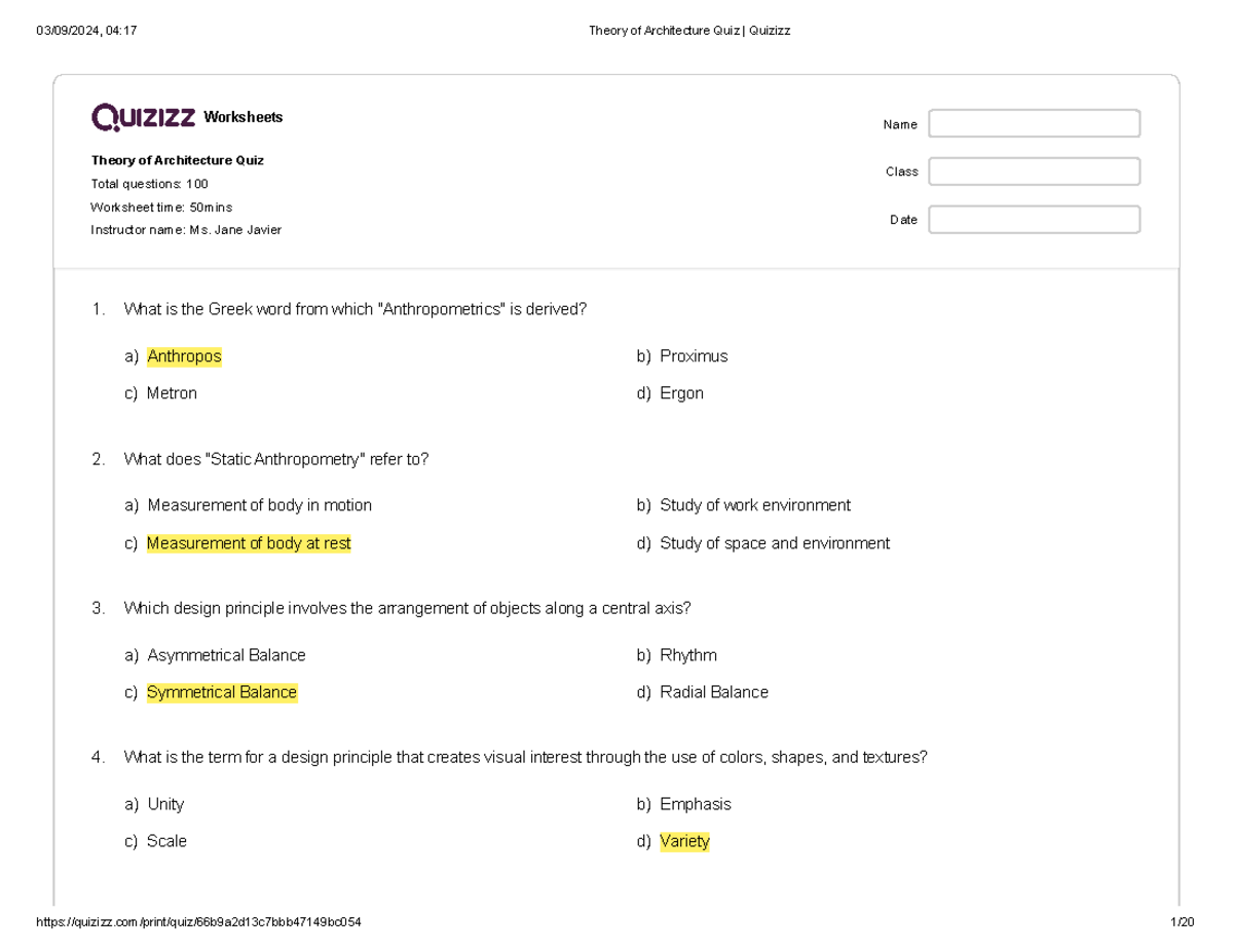 Theory of Architecture 1 Quiz Answer Key and Worksheet Solutions - Studocu