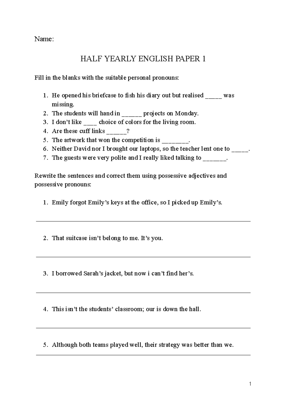 English Paper 1: Half Yearly Exam on Pronouns, Adverbs, and Nouns - Studocu