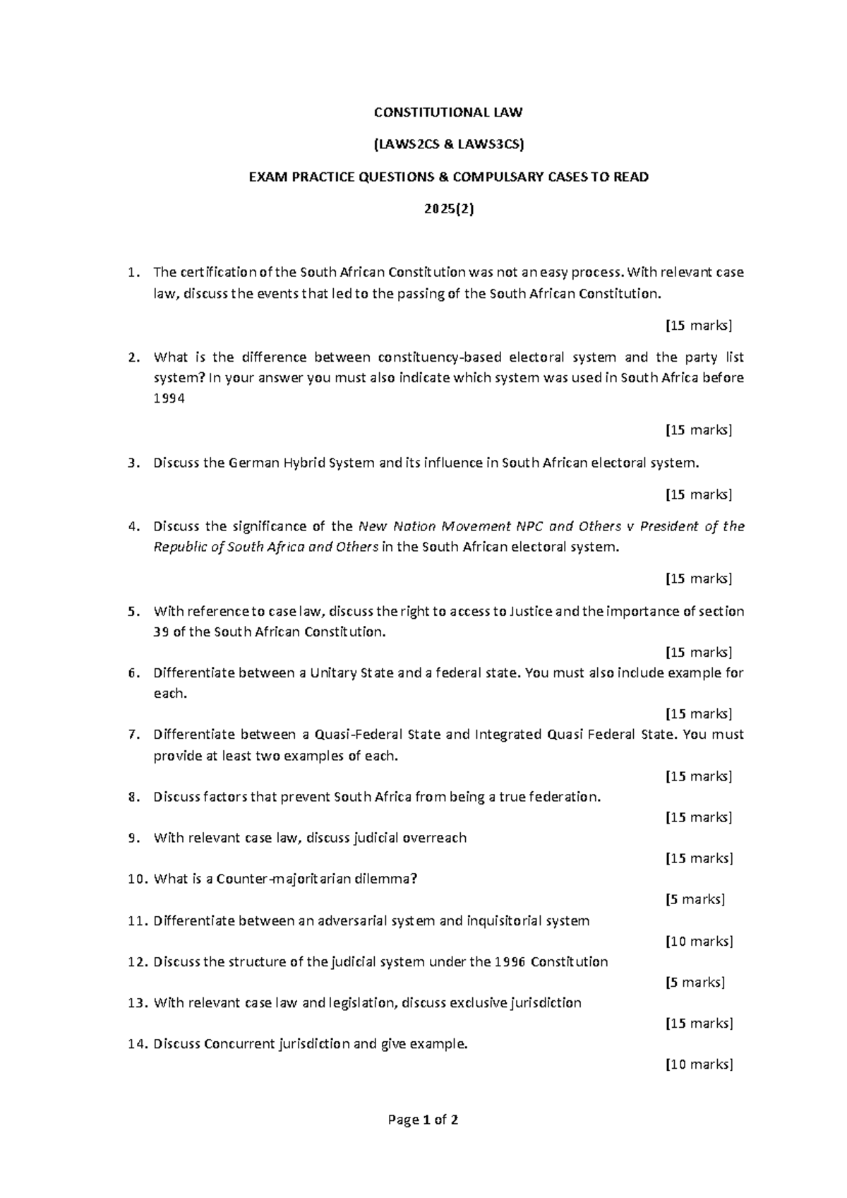 Constitutional Law (LAWS2CS LAWS3CS) Exam Practice Questions 2025 - Studocu
