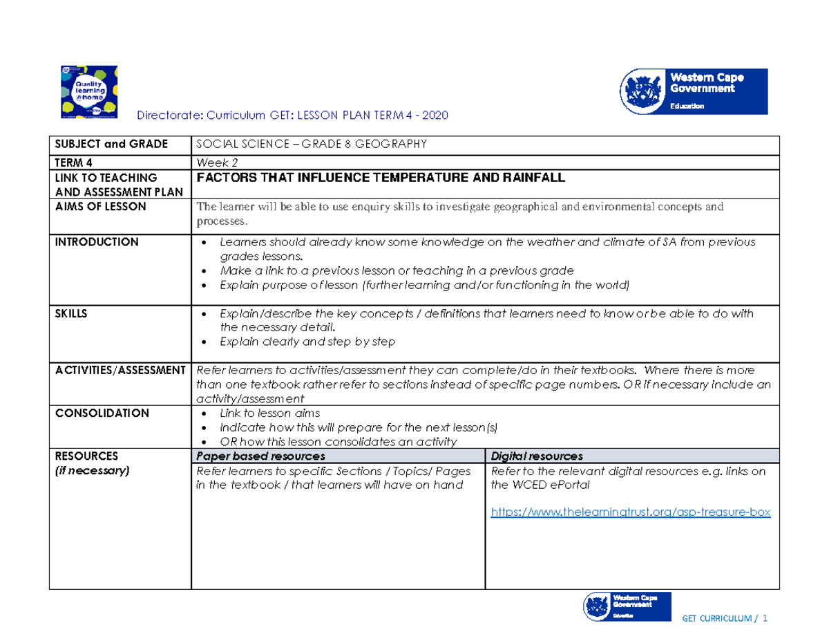 Lesson Plan: Grade 8 SS Geography - Term 4, Week 2 - Temp & Rainfall ...