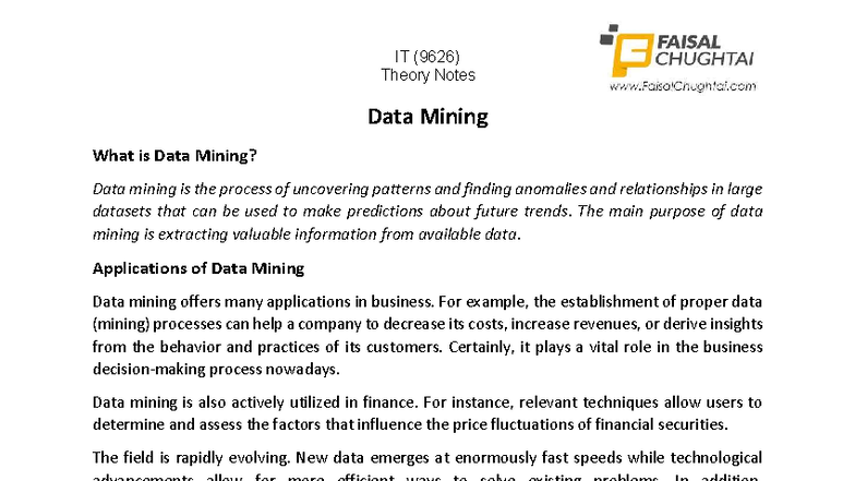 IT (9626) Theory Notes: Understanding Data Mining Processes - Studocu