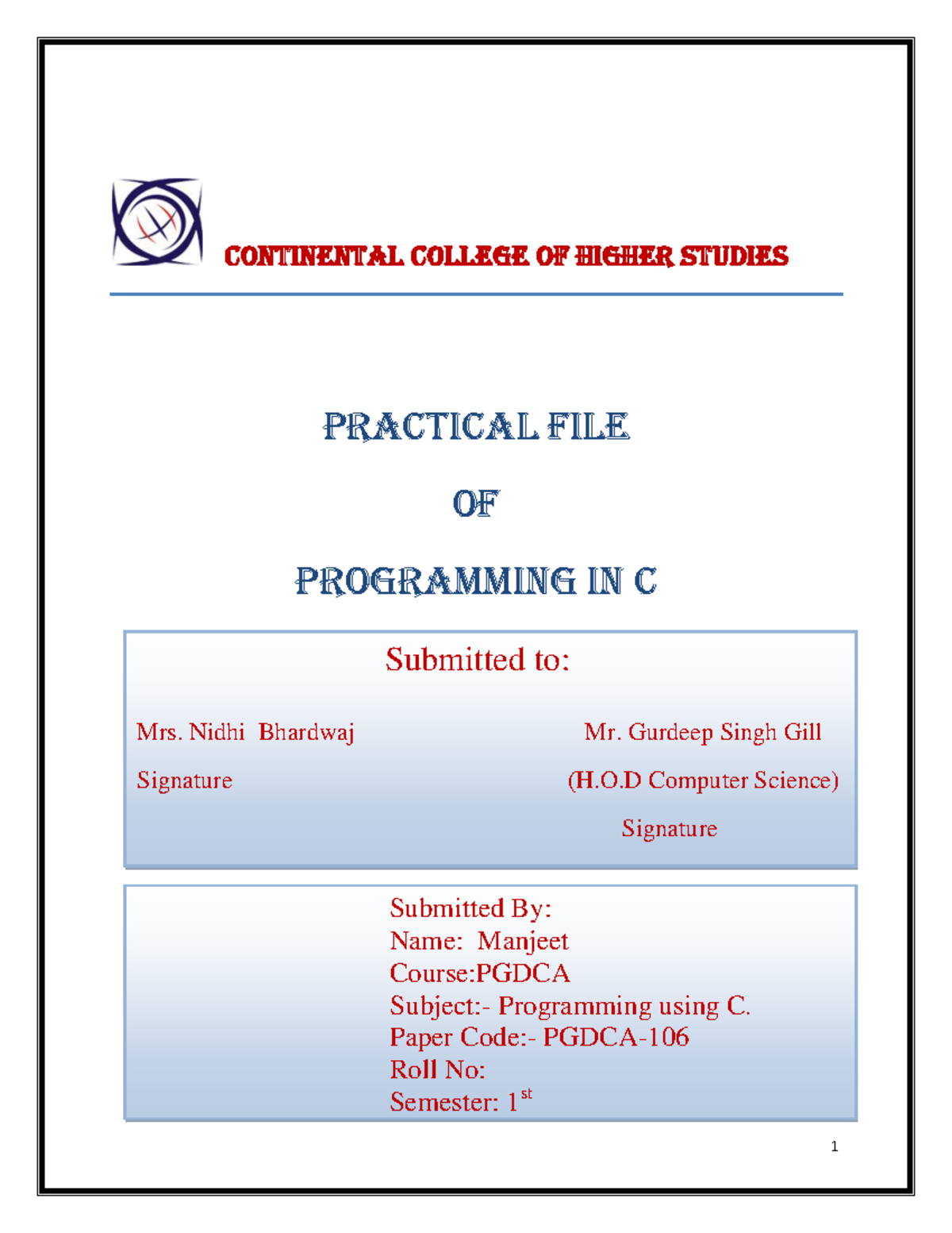 PGDCA 1st Sem Practical File: Programming in C - Studocu