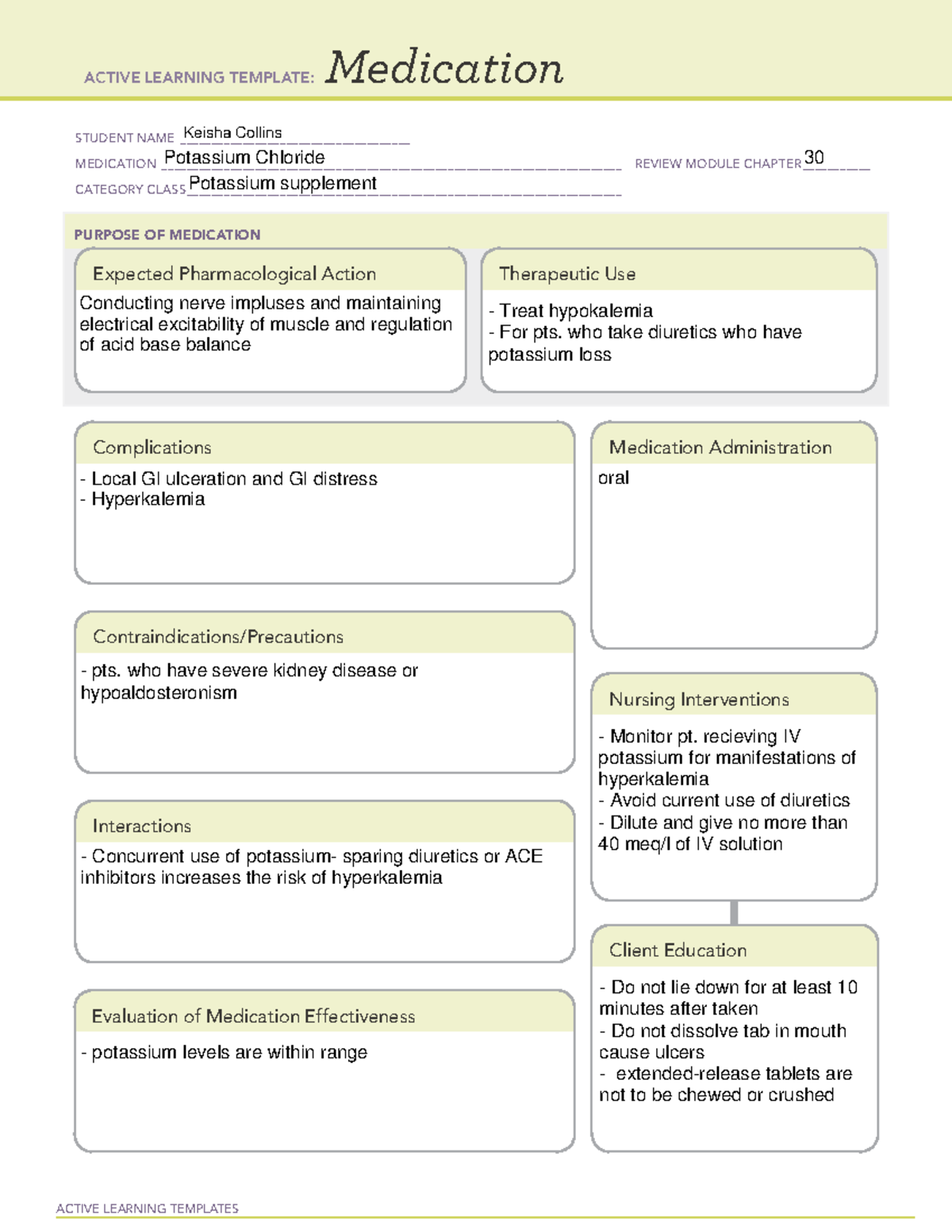 Potassium Chloride (30) Active Learning Template for Nursing - Studocu
