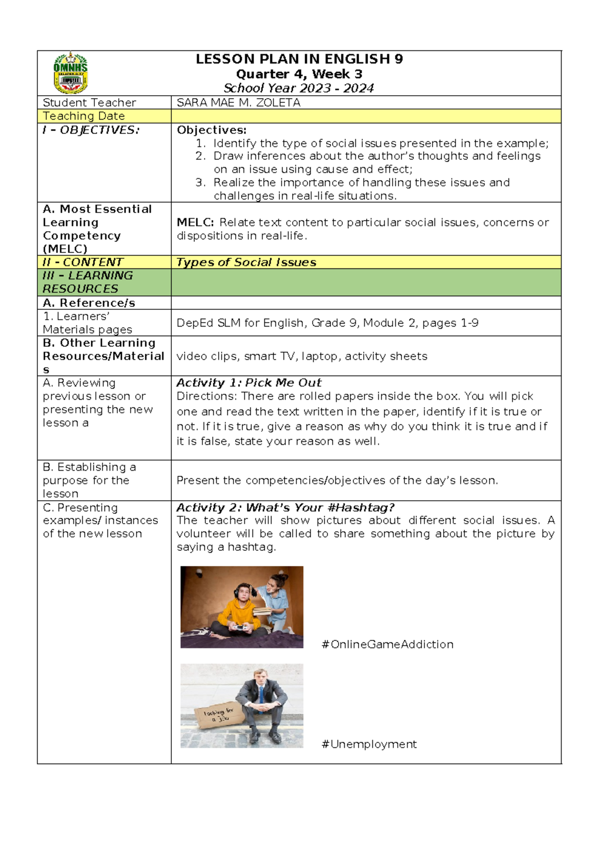 Final-Demo - LESSON PLAN IN ENGLISH 9 Quarter 4, Week 3 School Year ...