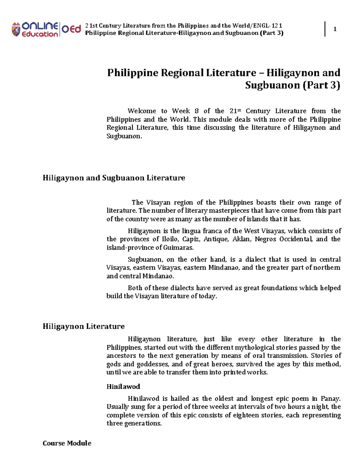 Week 008-Course Module-Philippine Regional Literature-Hiligaynon And ...