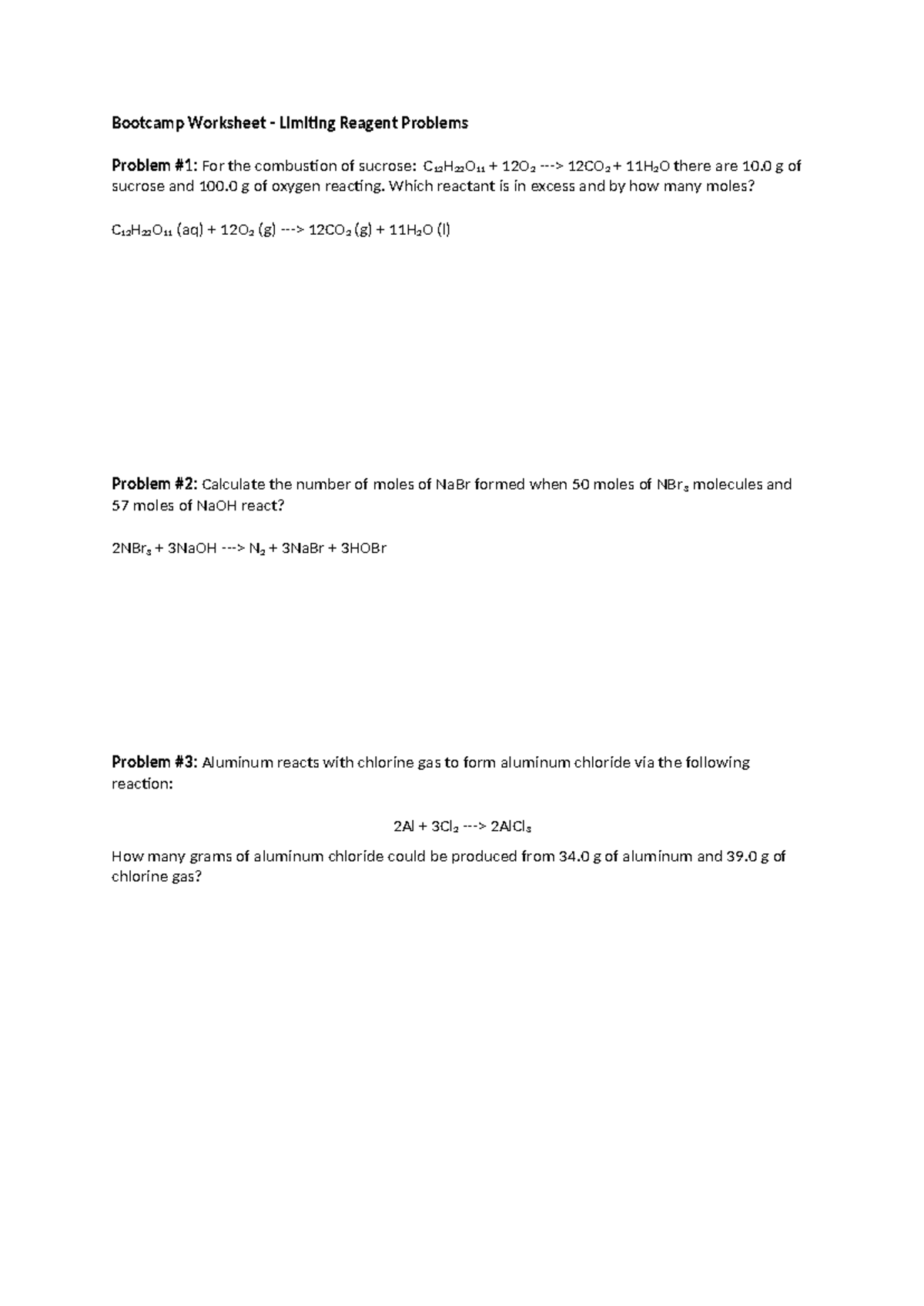 3CHE Limiting & Excess Reactants Worksheet Revision - Studocu