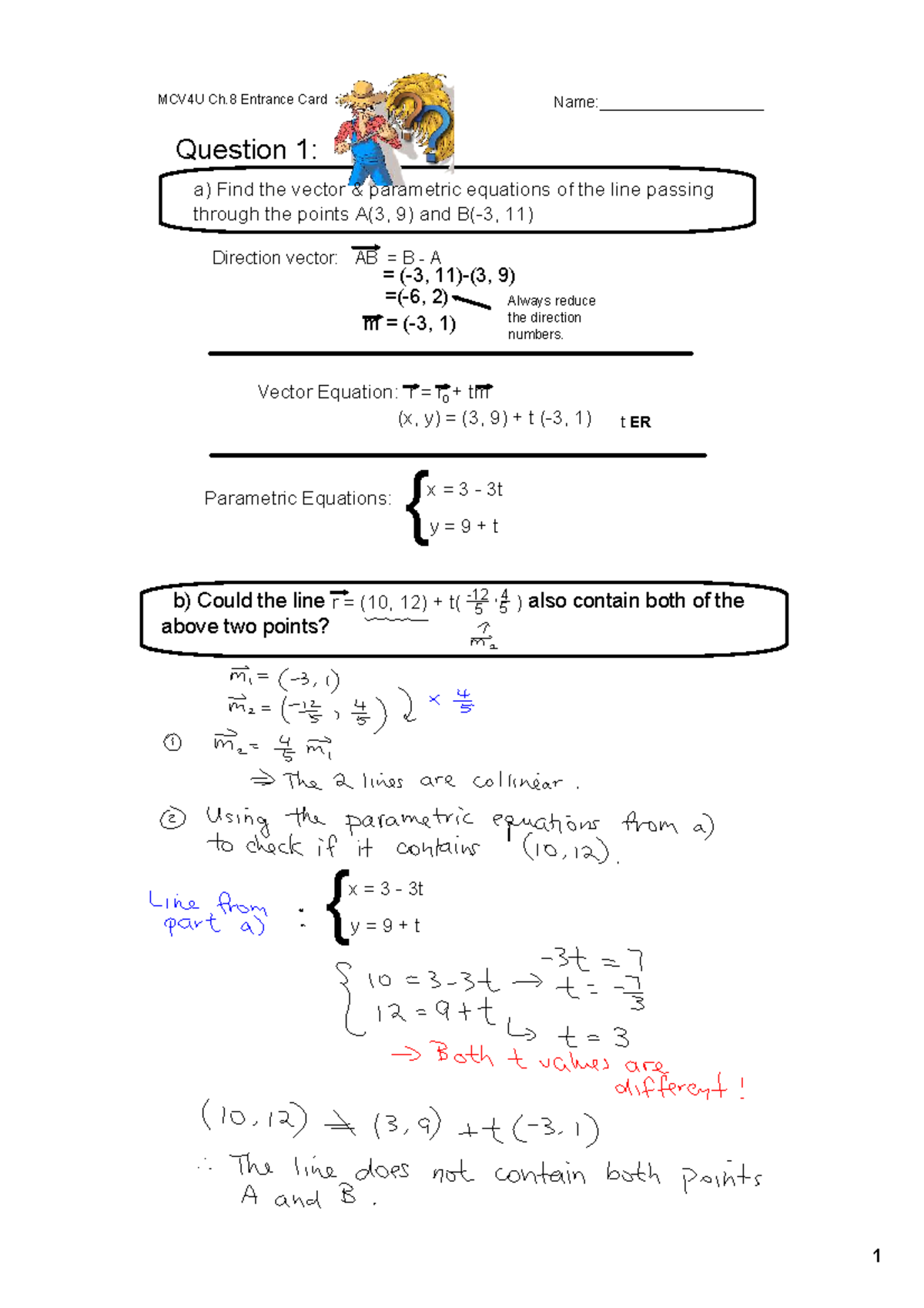 MCV4U Ch.8 Entrance Card Notes: Vector Equations & Planes - Studocu