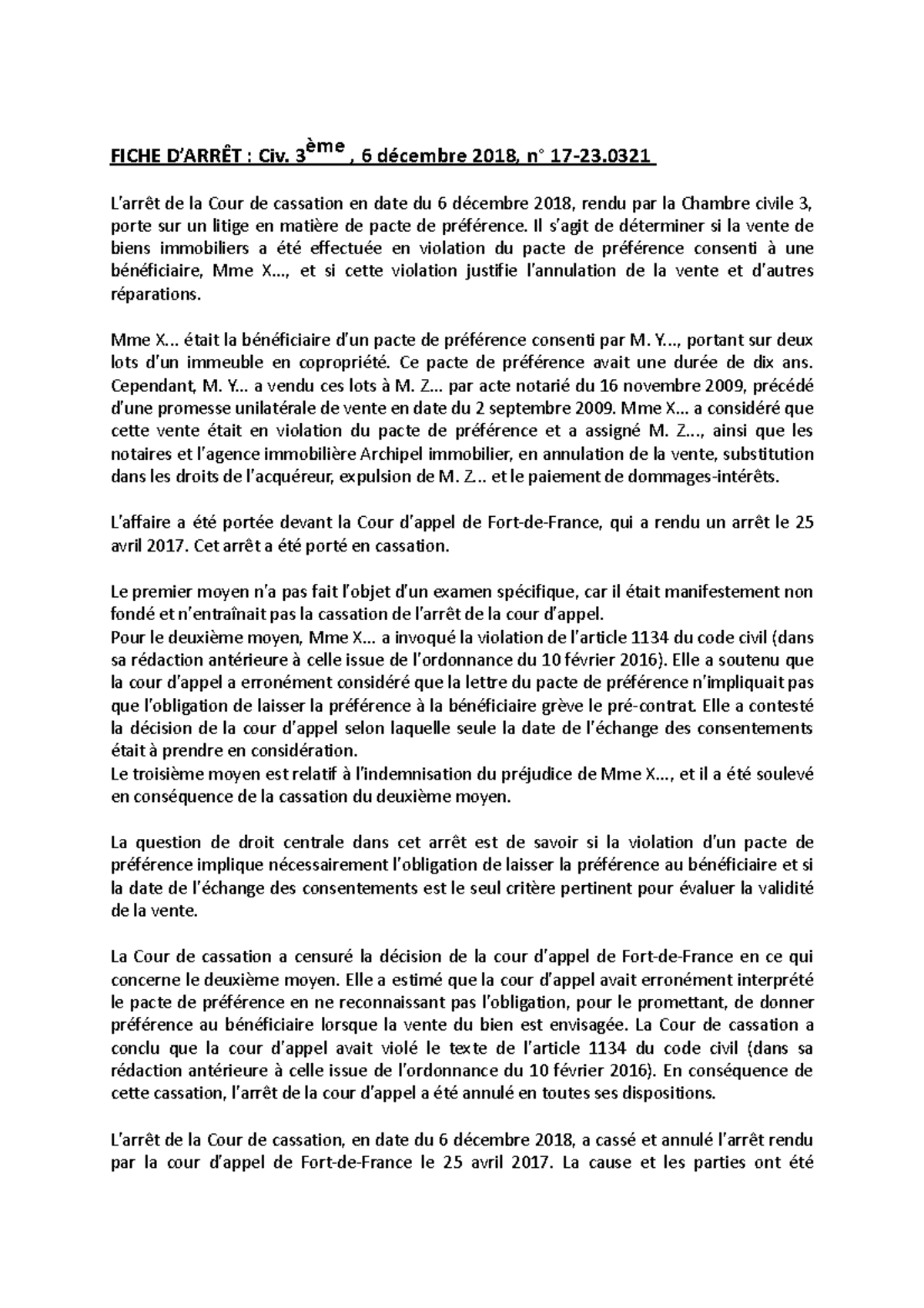 FICHE D'ARRÊT Civ. 3 - Cour de Cassation, 6 Déc 2018, n° 17-23.0321 ...