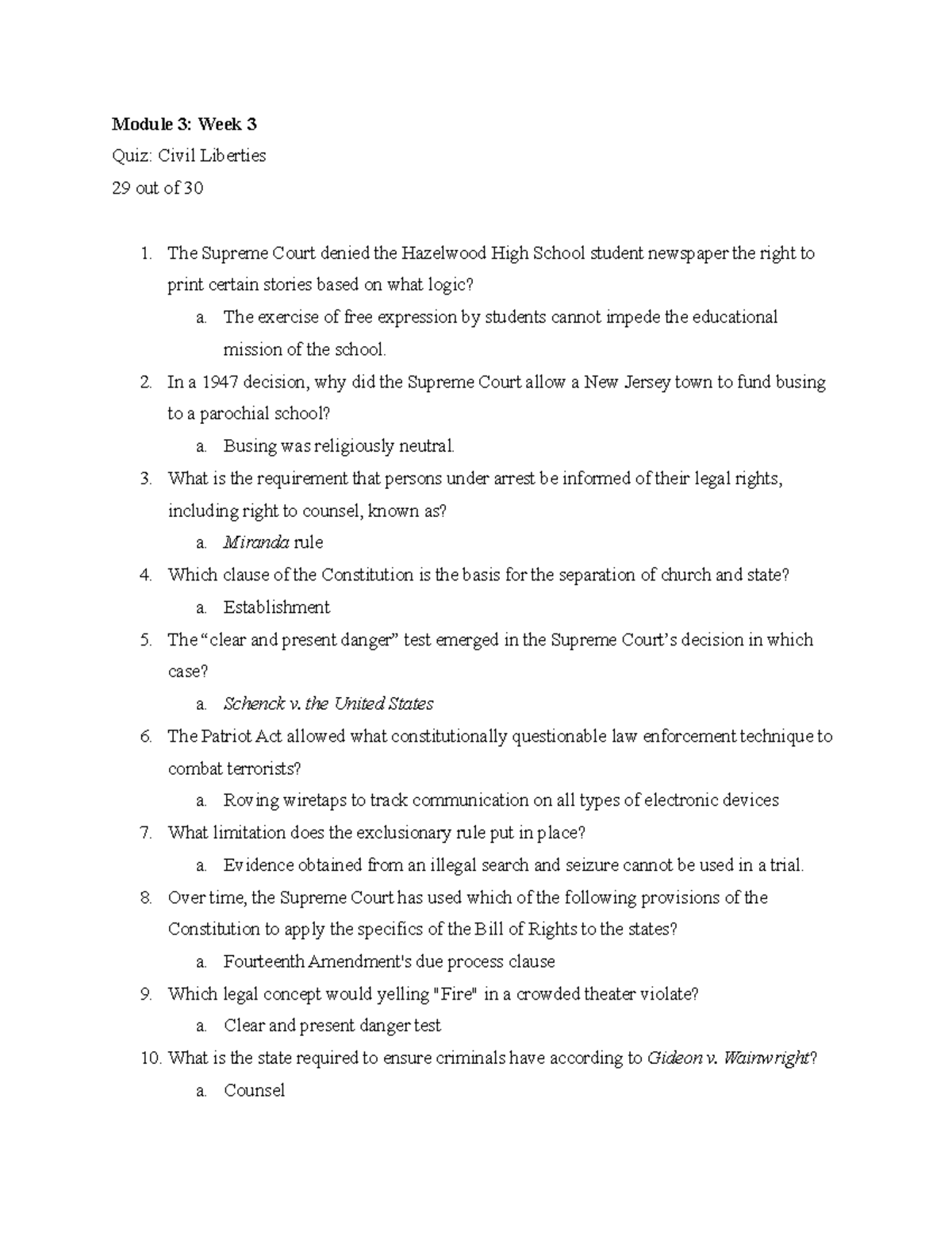 Quiz Civil Liberties - Module 3: Week 3 Quiz: Civil Liberties 29 out of ...