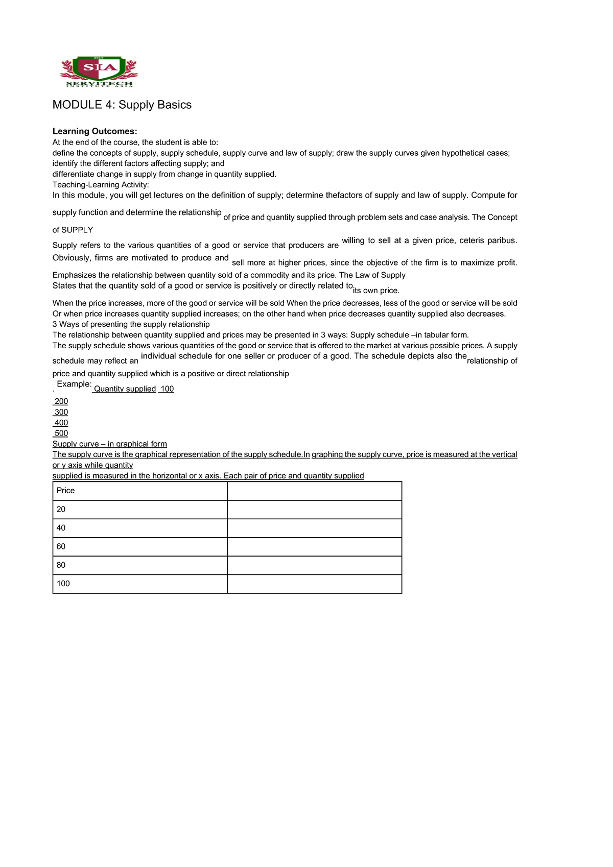 Sia-BM Module 4: Understanding Supply Concepts and Factors - Studocu