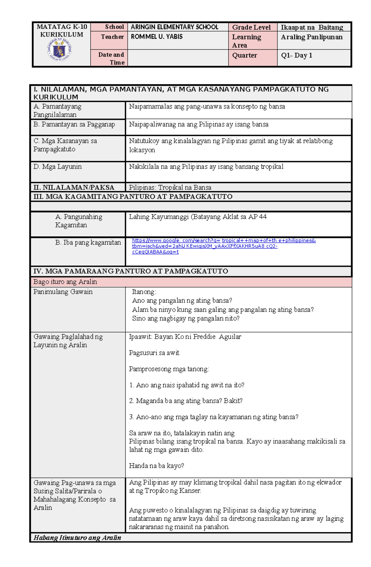 DLP- Grade 4 -AP-Q1 - Araling Panlipunan Lesson Plans on Philippines ...