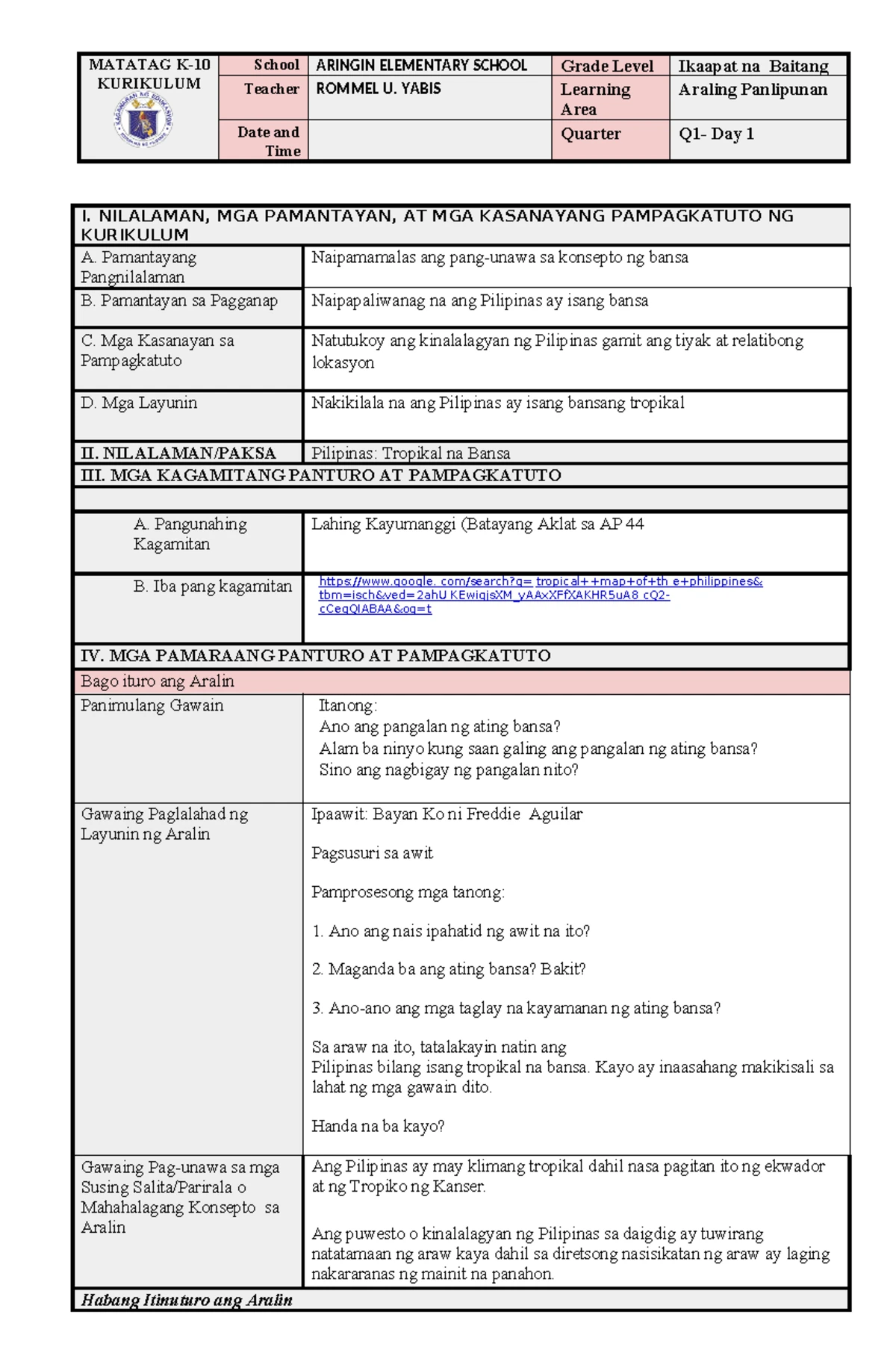 DLP- Grade 4-AP-Q1.W2.Lesson on Identifying the Country's Features ...