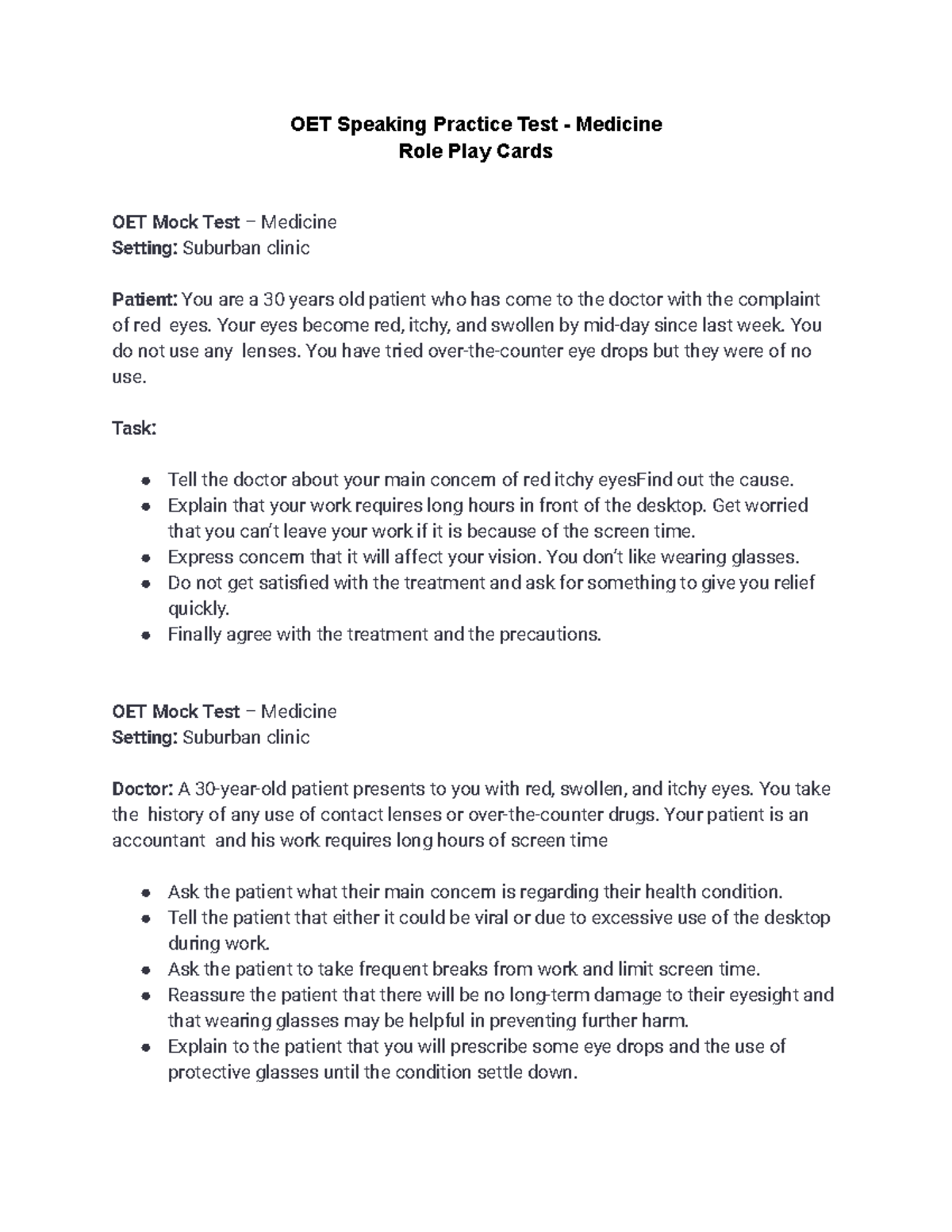 OET Speaking Practice Test - Medicine Role Play Cards for Doctors - Studocu