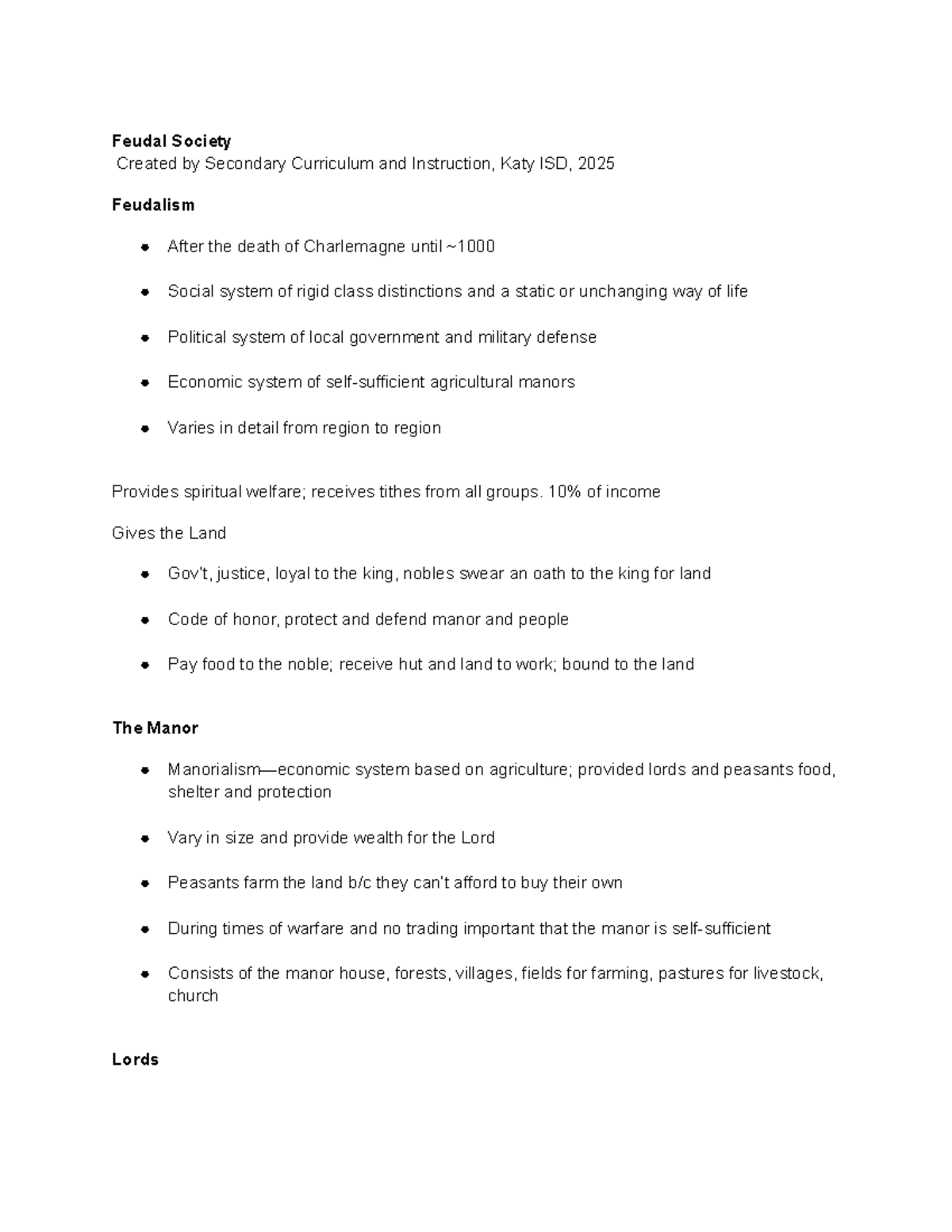 Feudal Society Overview: Structure, Roles, and Systems (Katy ISD, 2025 ...