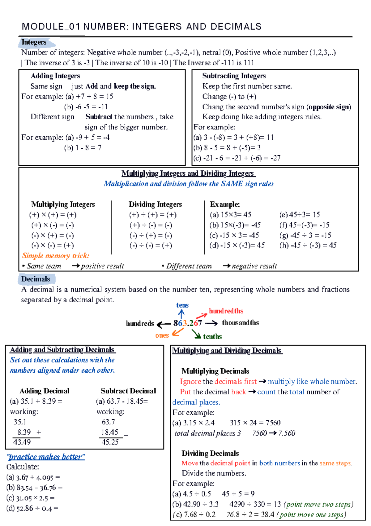 MODULE_01: Integers and Decimals Study Notes - Studocu