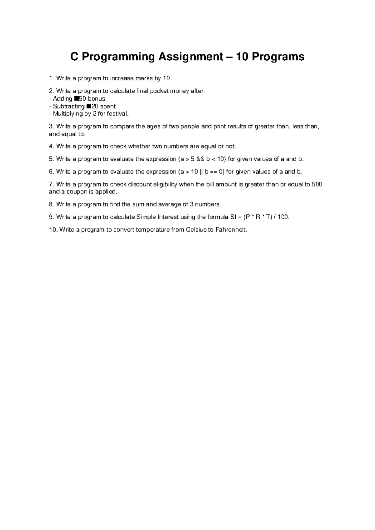 C Programming Assignment 10: Program Solutions and Tasks - Studocu