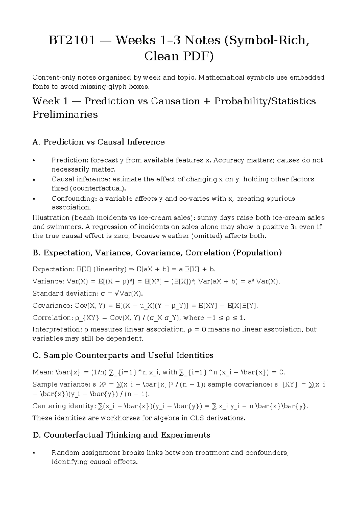 BT2101 Weeks 1-3 Notes: Prediction, Regression, and OLS Concepts - Studocu
