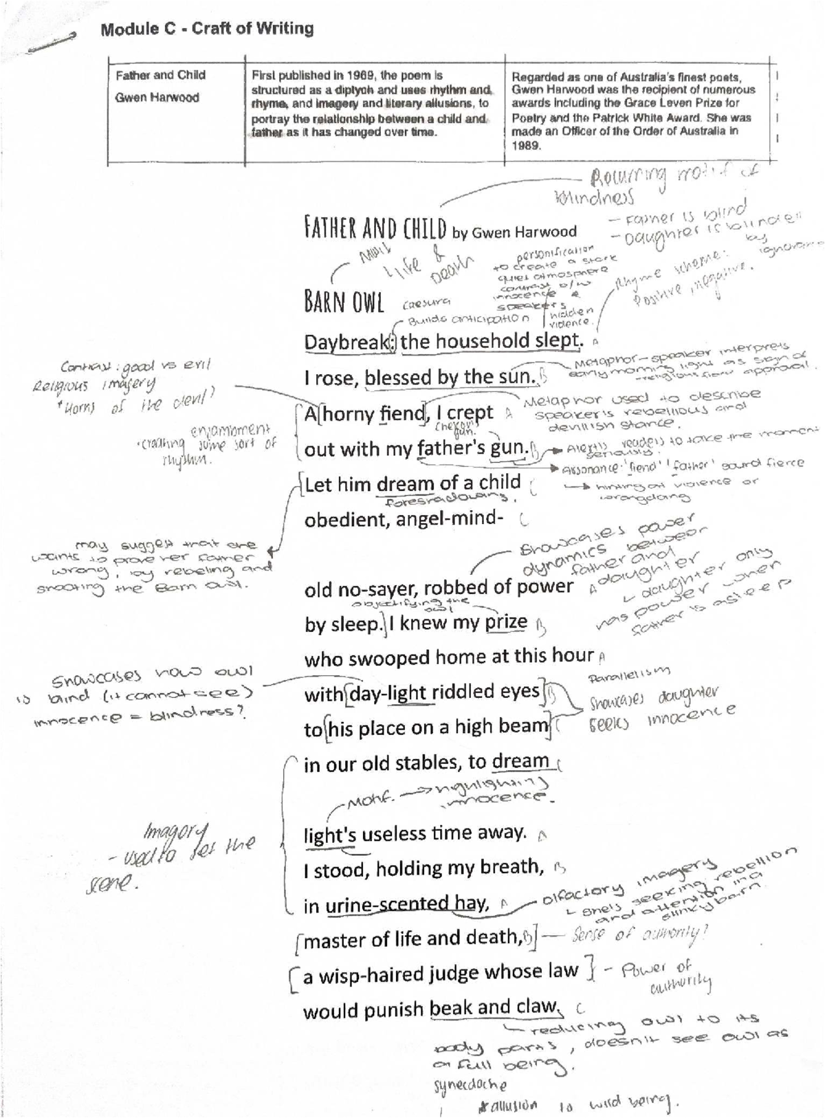 Module C: Analysis of Gwen Harwood's "Father and Child" Poem - Studocu