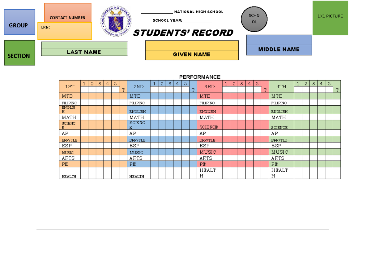 National High School Students' Record (SY: ________) - Studocu
