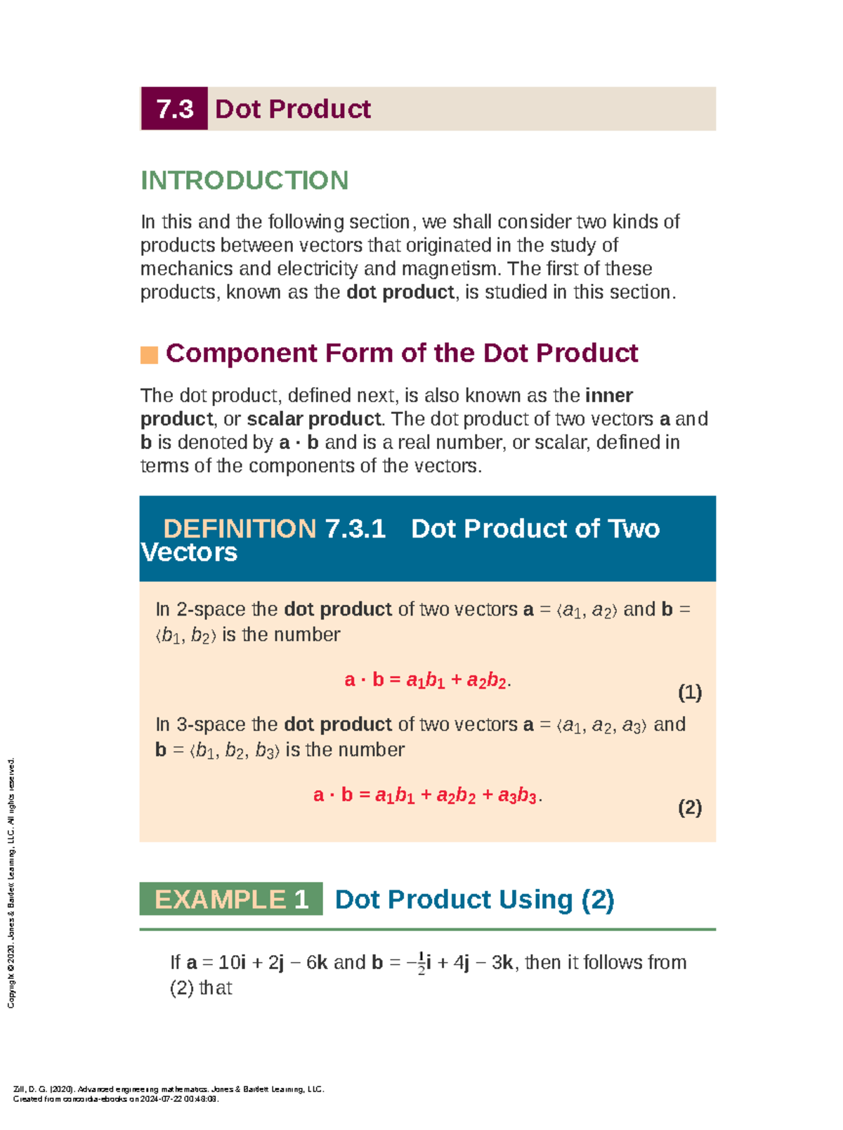 7.3-Dot Product - 7.3 Textbook - DEFINITION 7. EXAMPLE 1 7 Dot Product ...
