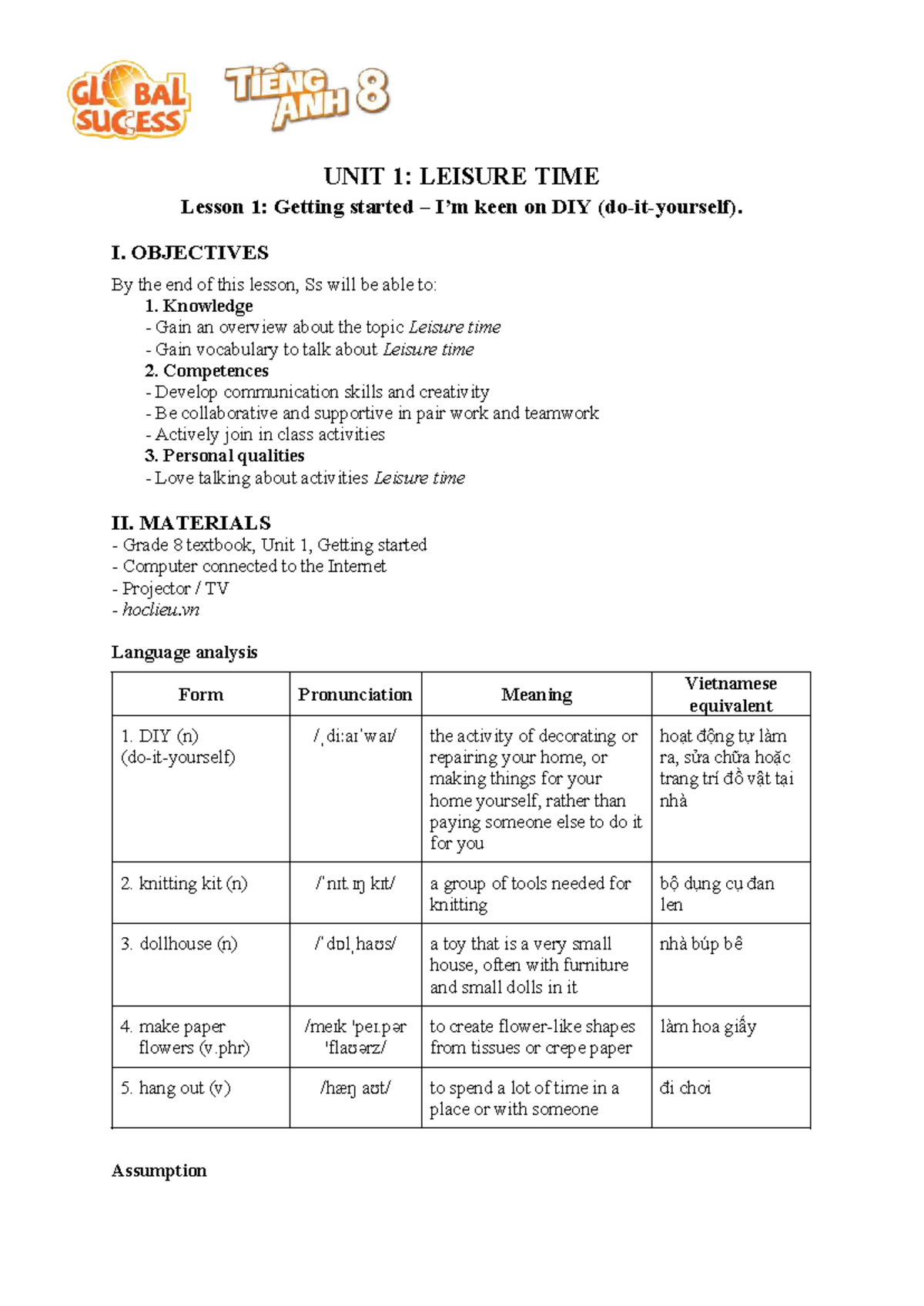 Unit 1: Leisure Time - Lesson 1: Getting Started (Grade 8) - Studocu