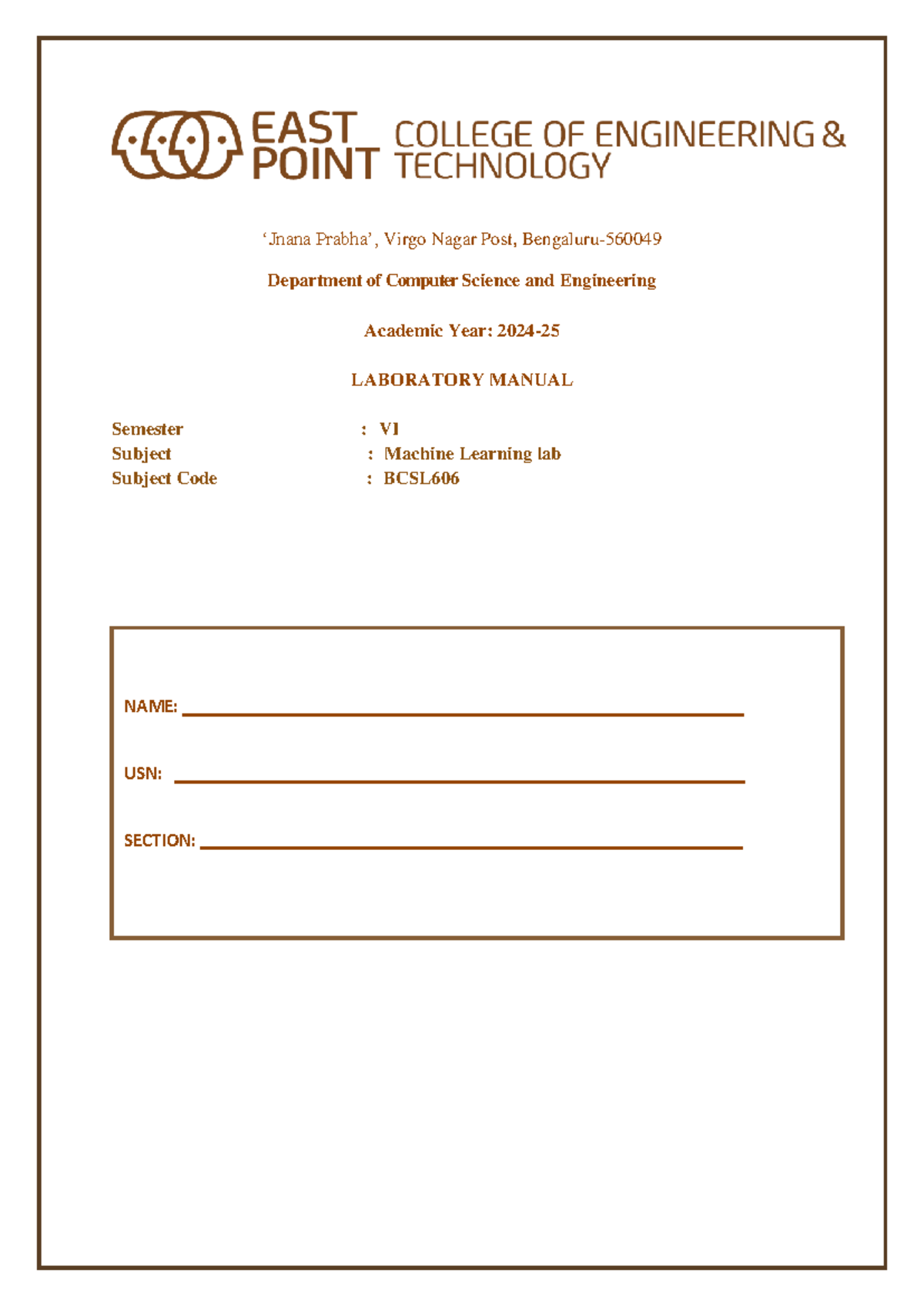 Machine Learning Lab Manual (BCSL606) - Academic Year 2024-25 - Studocu