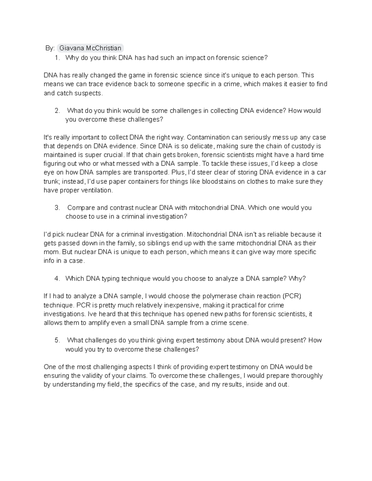 Unit 7 Critical Thinking Questions on DNA Evidence in Forensics - Studocu