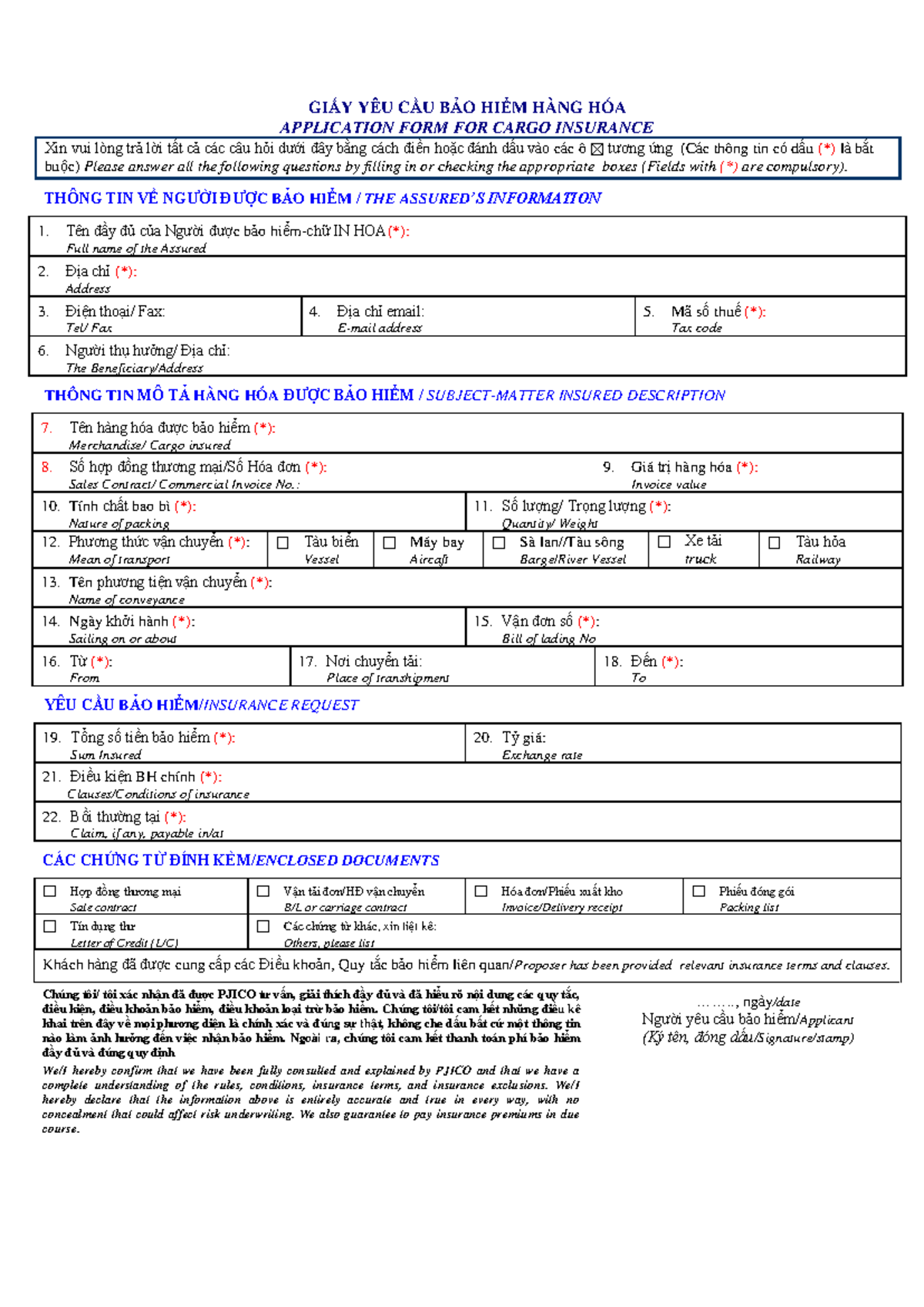 BM - bảo hiểm vận tải - GIẤ Y YÊU CẦ U BẢ O HI Ể M HÀNG HÓA APPLICATION ...