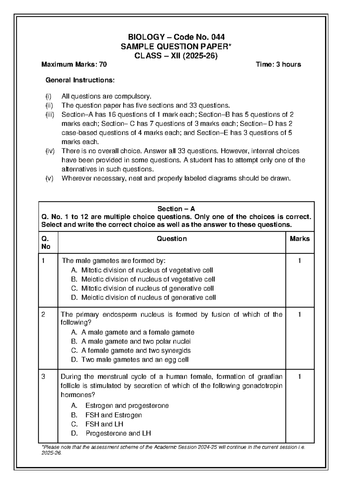 Biology Code No. 044 Sample Question Paper for Class XII - Studocu