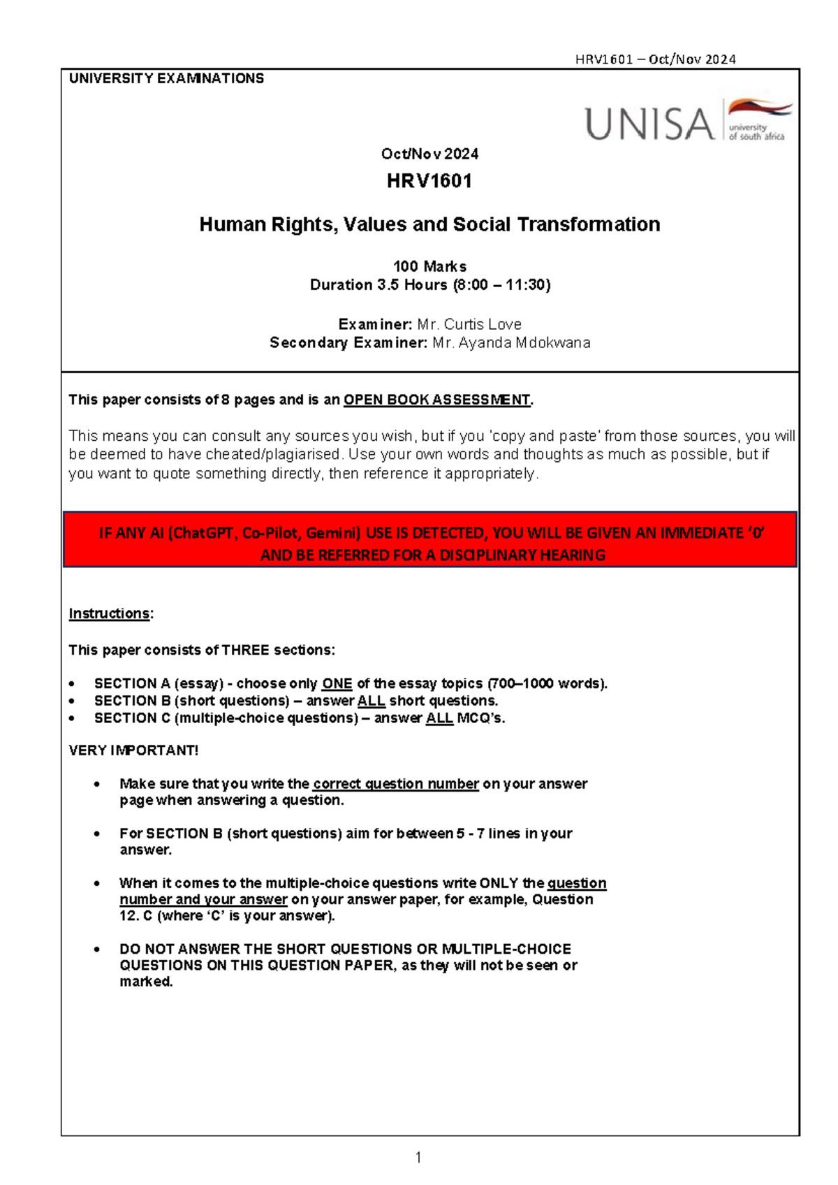 HRV1601 Oct/Nov 2024 Human Rights Exam Instructions and Guidelines ...