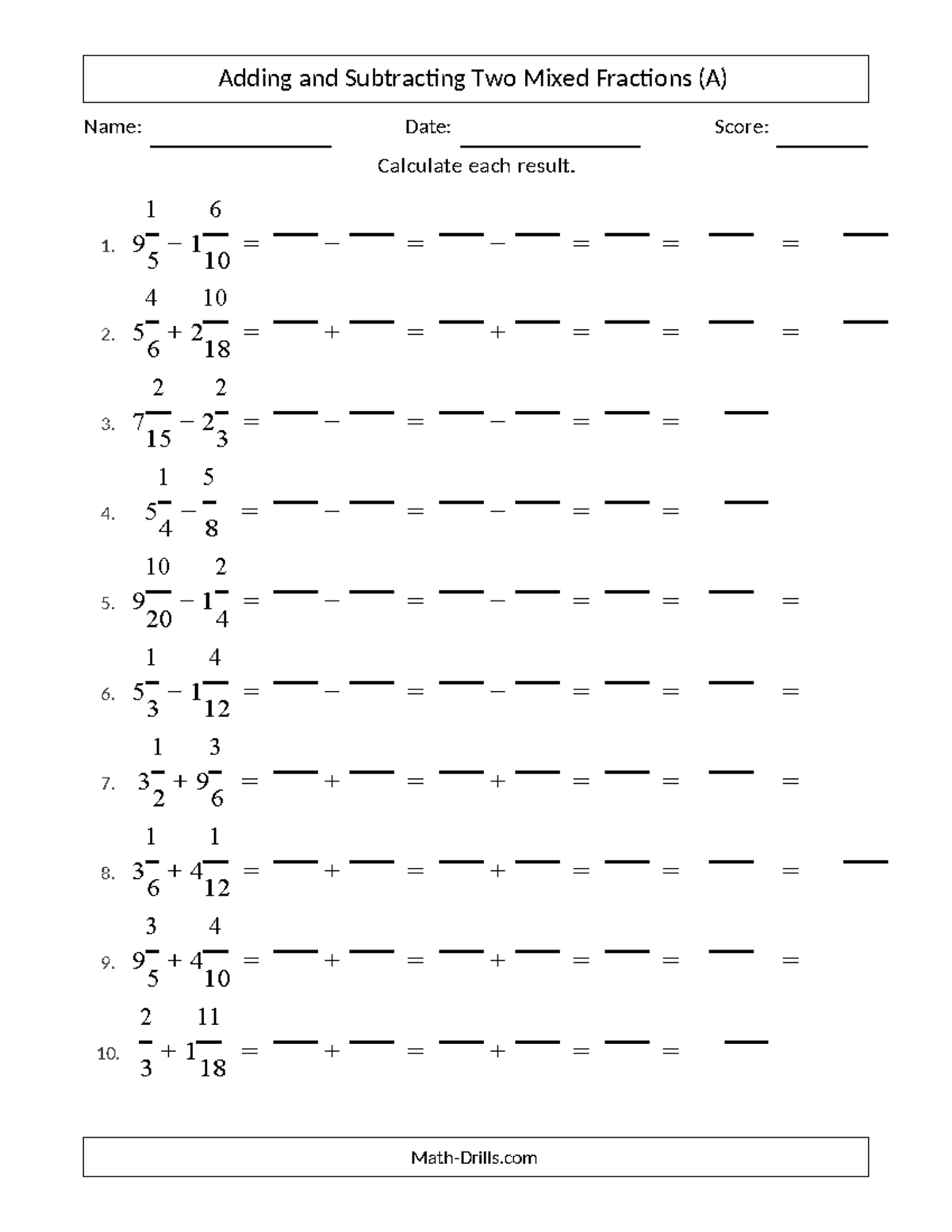 Fractions - addition and subtraction - Adding and Subtracting Two Mixed ...