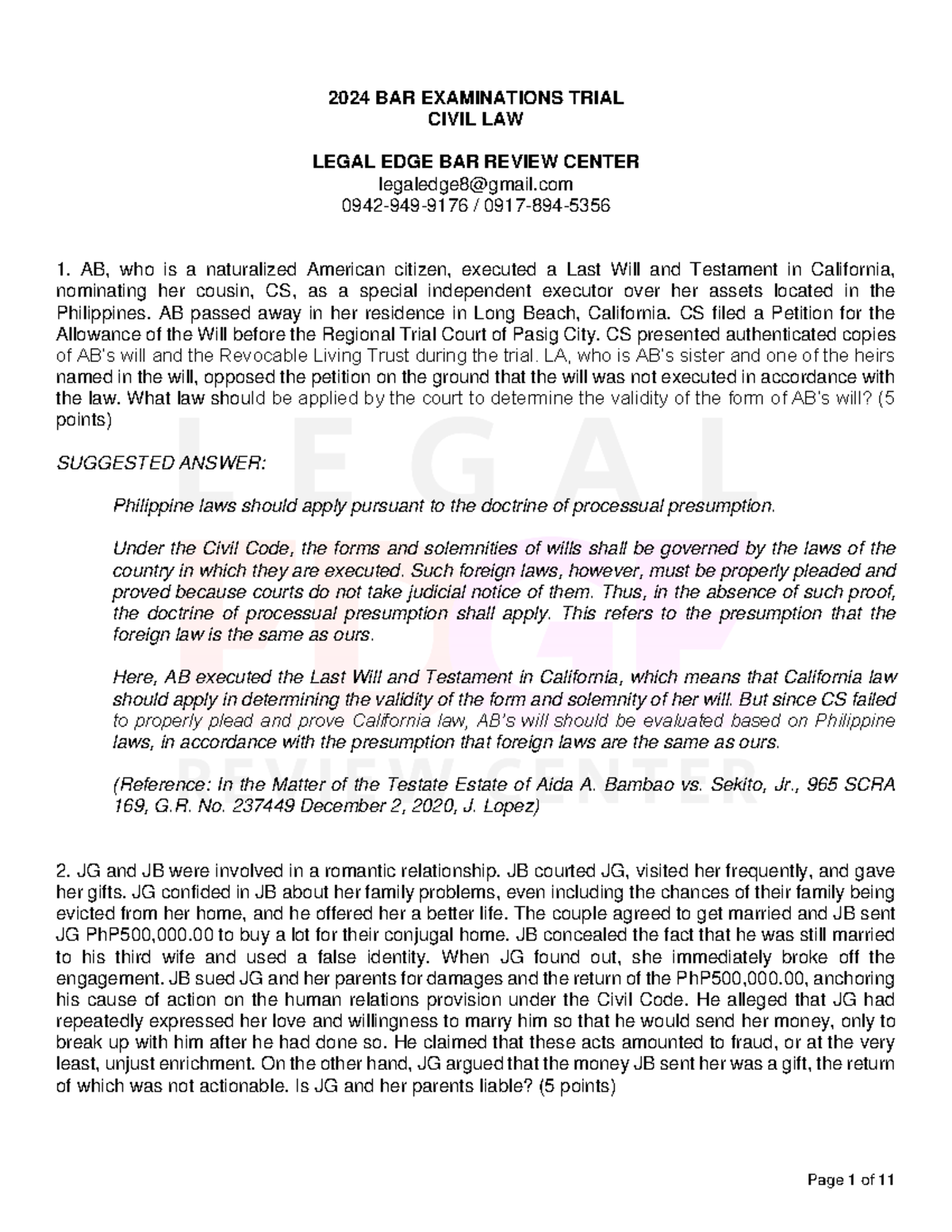 2024 BET - Civil Law Answer Key & Case Analysis Notes - Studocu