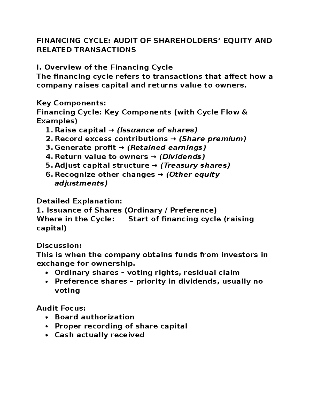 FIN 301: Audit of Equity Transactions in the Financing Cycle - Studocu