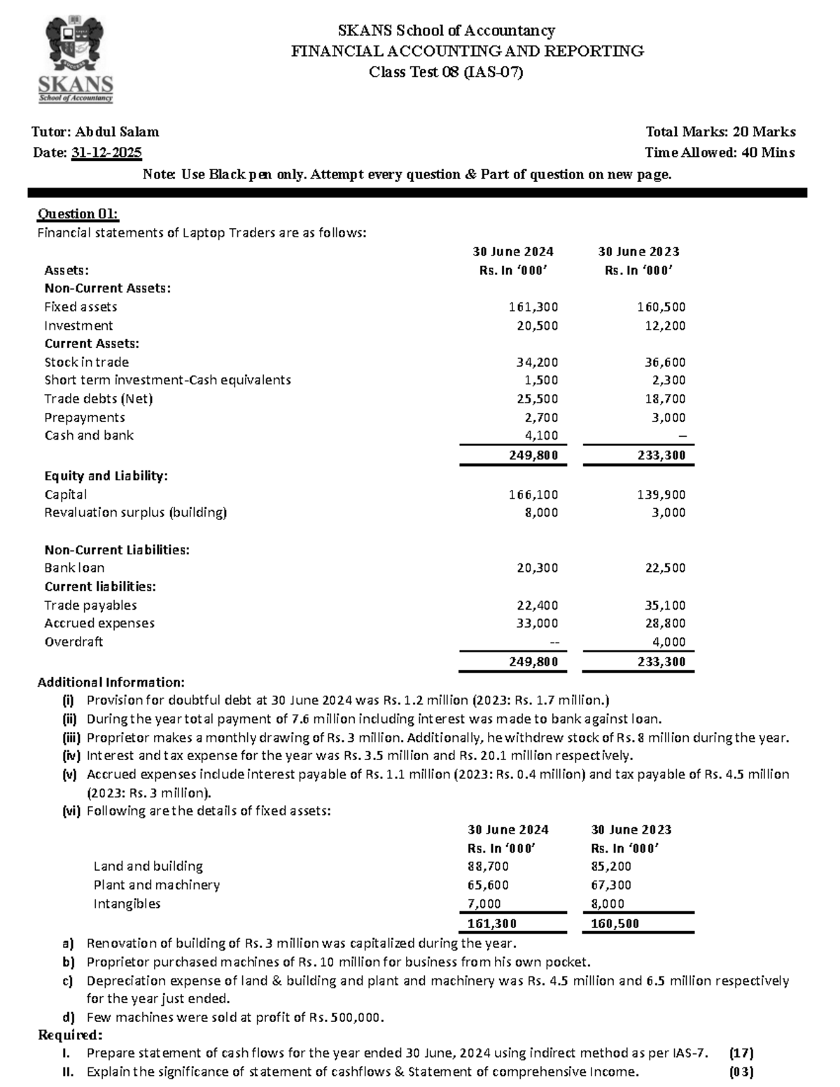 Financial Accounting & Reporting Class Test 08 - IAS 7 Theory Notes ...