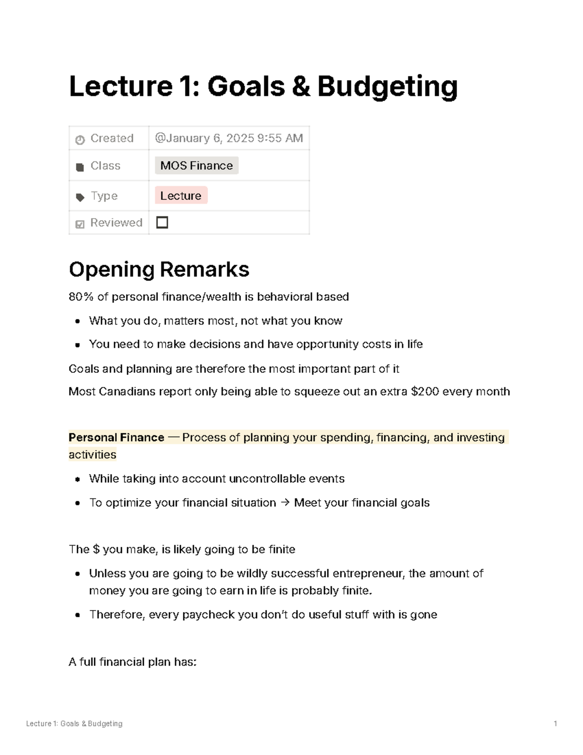 Goals And Budgeting (Ch 1,3) - Lecture 1: Goals & Budgeting Created ...