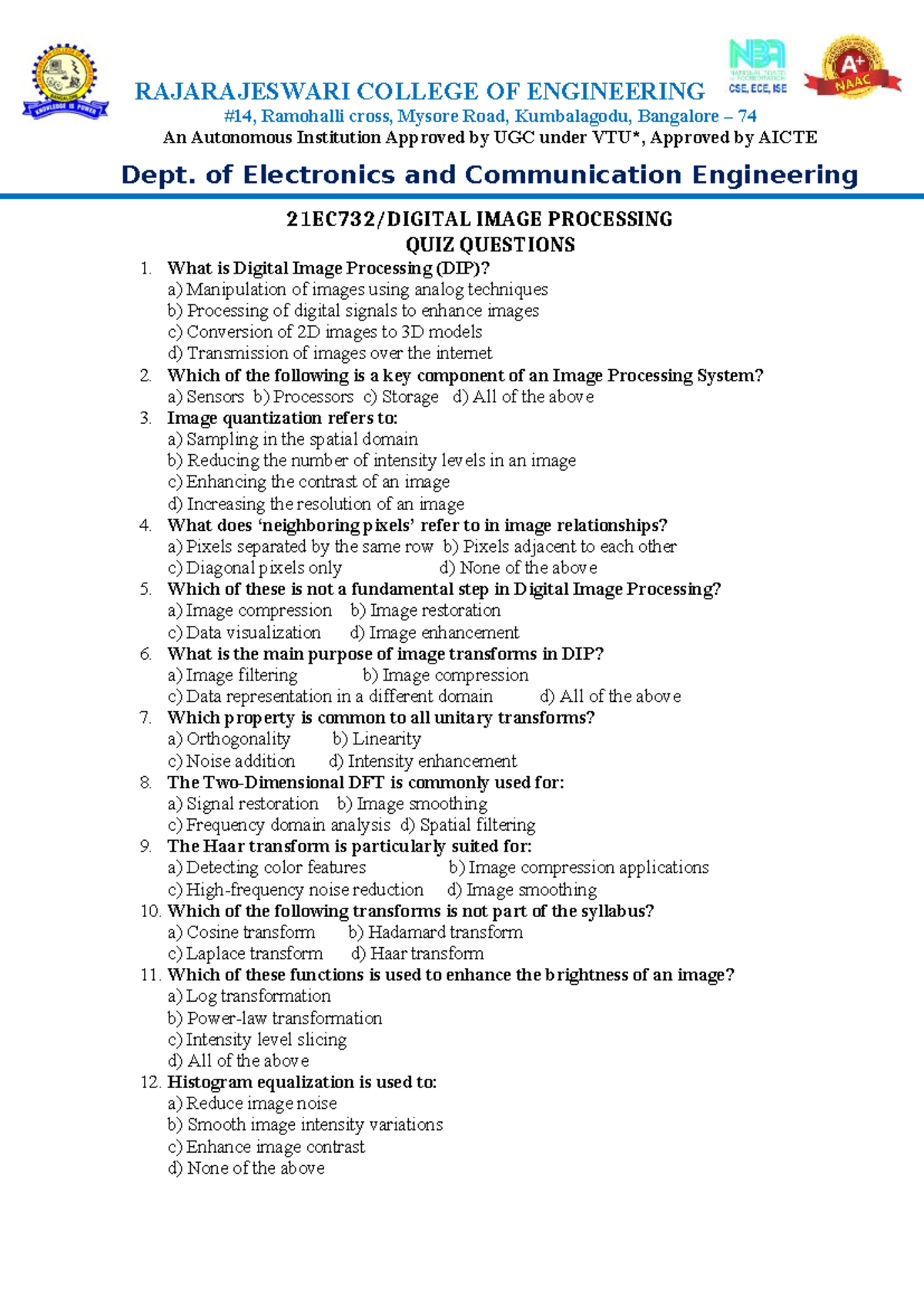 IMAGE PROCESSING QUIZ QUESTIONS - ECE 101 - Studocu