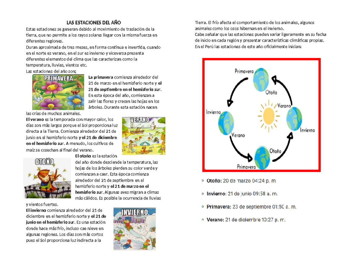 Hojas De Trabajo Sobre Las Estaciones Del Año En La Ciencia