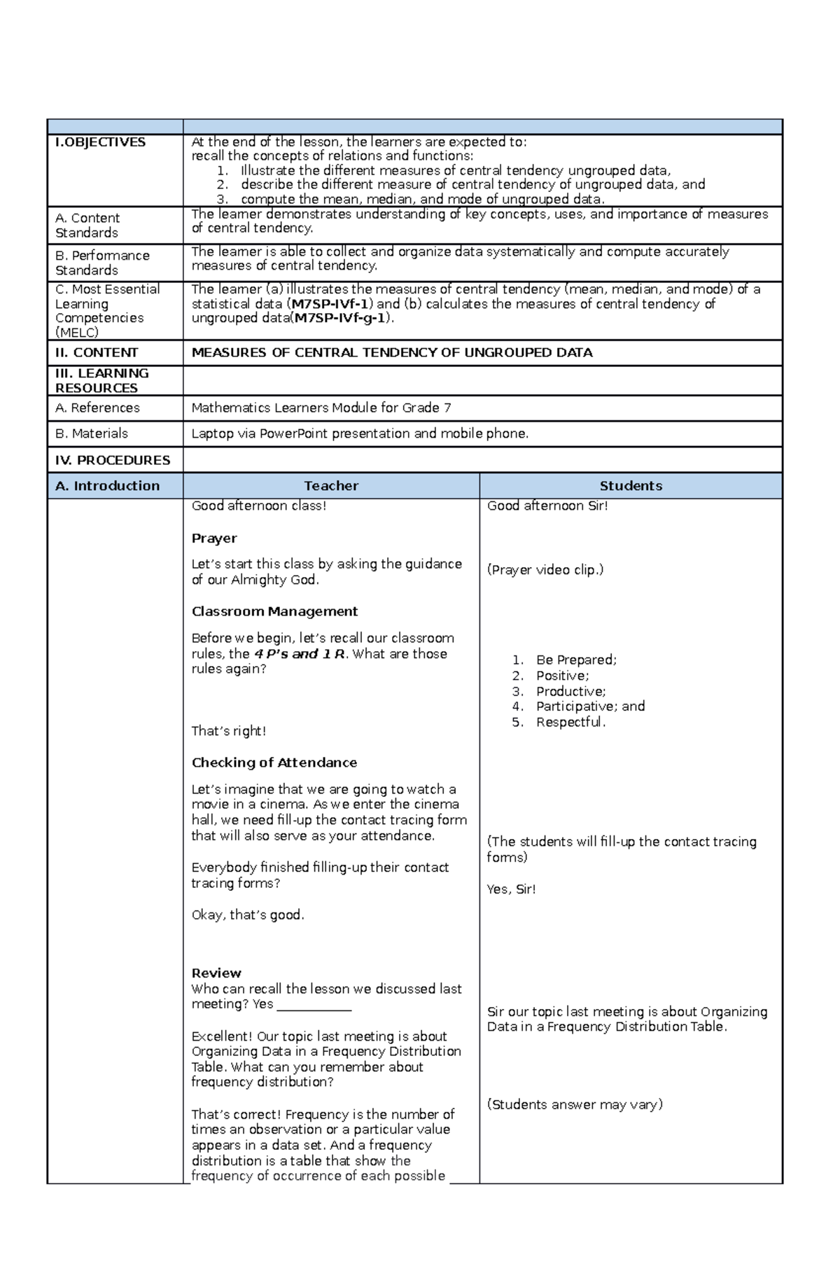 DLP - MMW - Measures of Central Tendency of Ungrouped Data Lesson Plan - Studocu