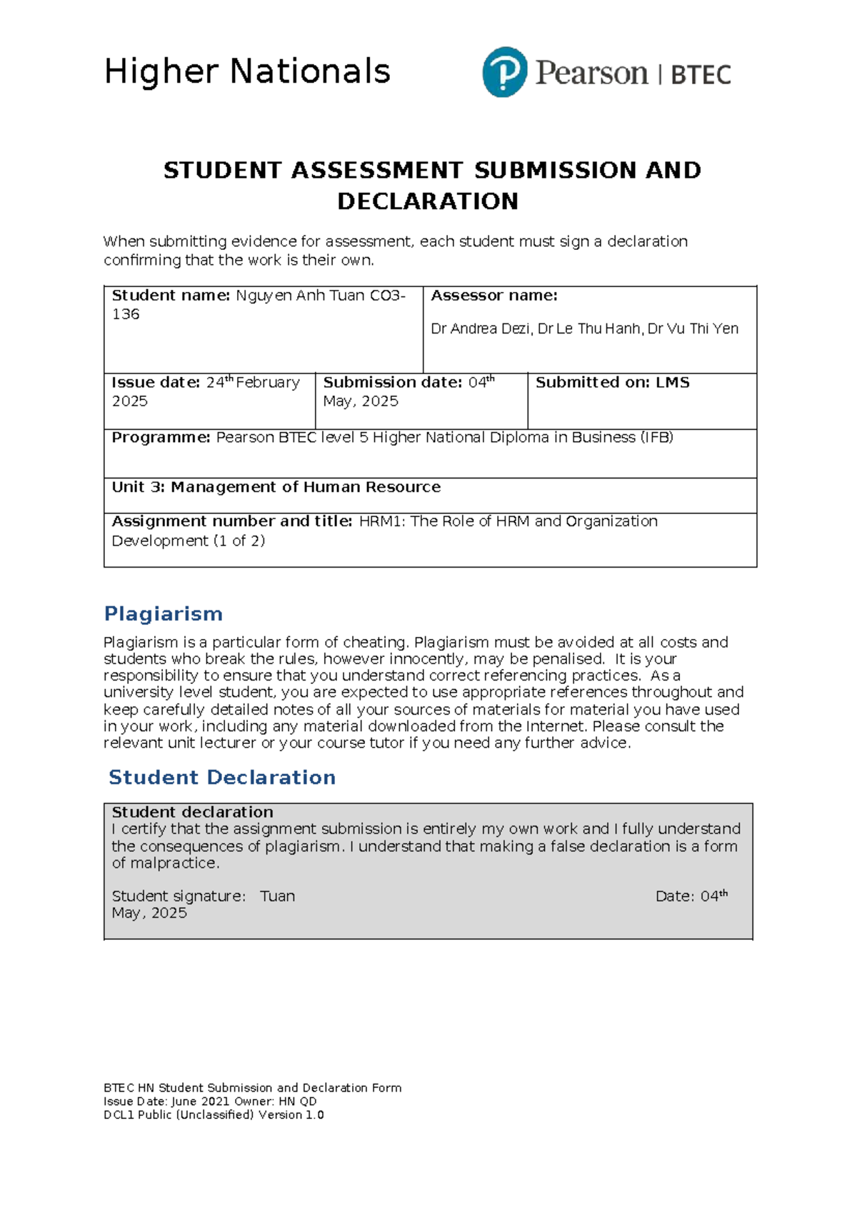 CO3136 HRM1: Student Assessment Submission & Declaration Form - Studocu