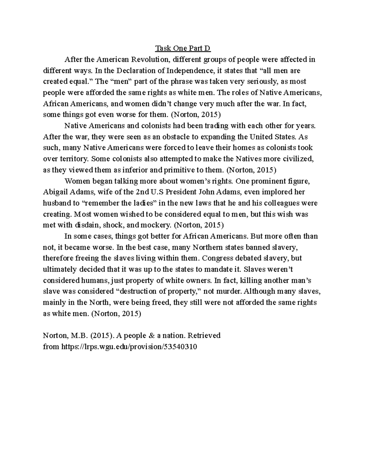 Task 1 Part D (Complete) - Task One Part D After the American ...