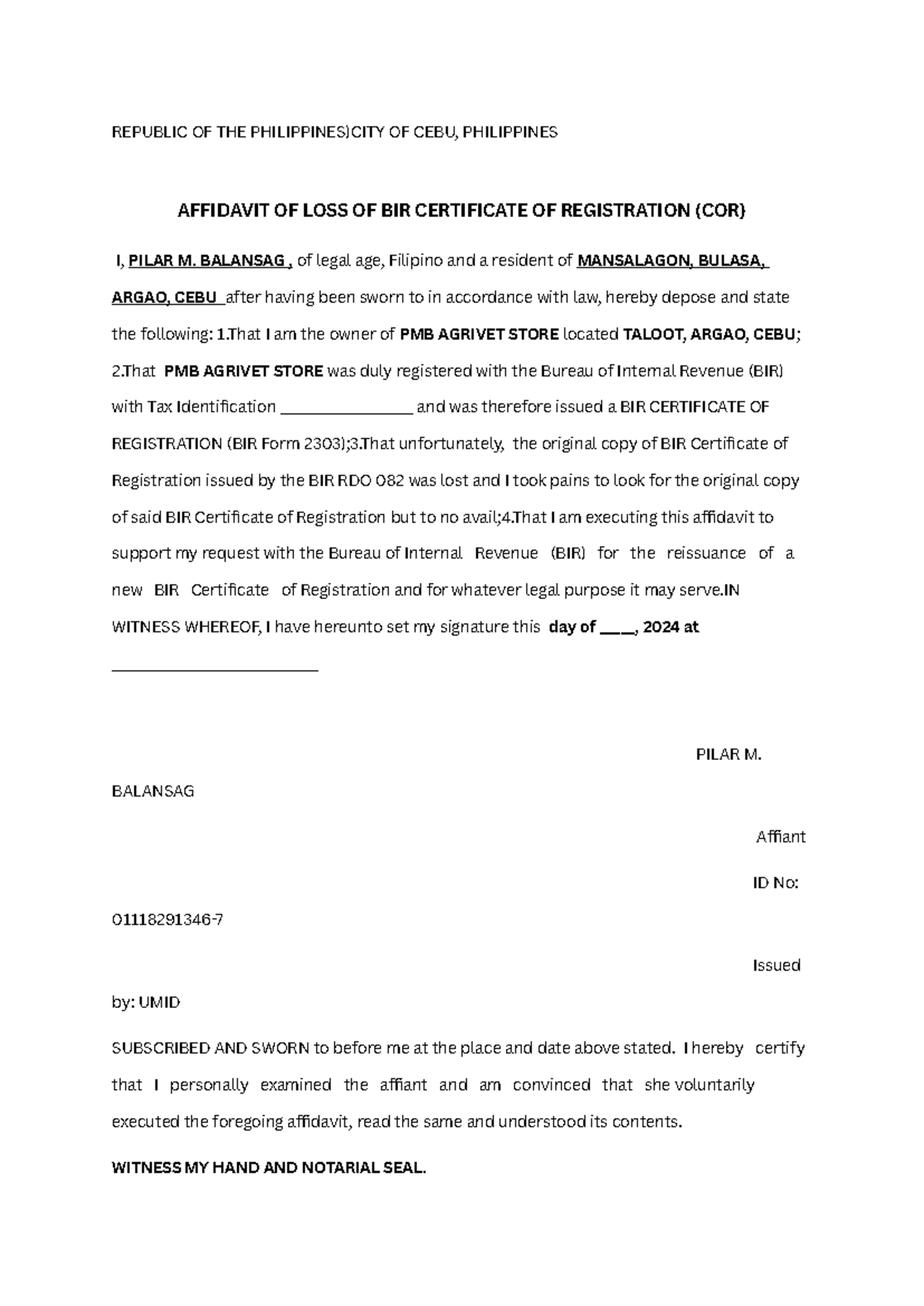 Affidavit of Loss of BIR Certificate of Registration - Sample Document ...