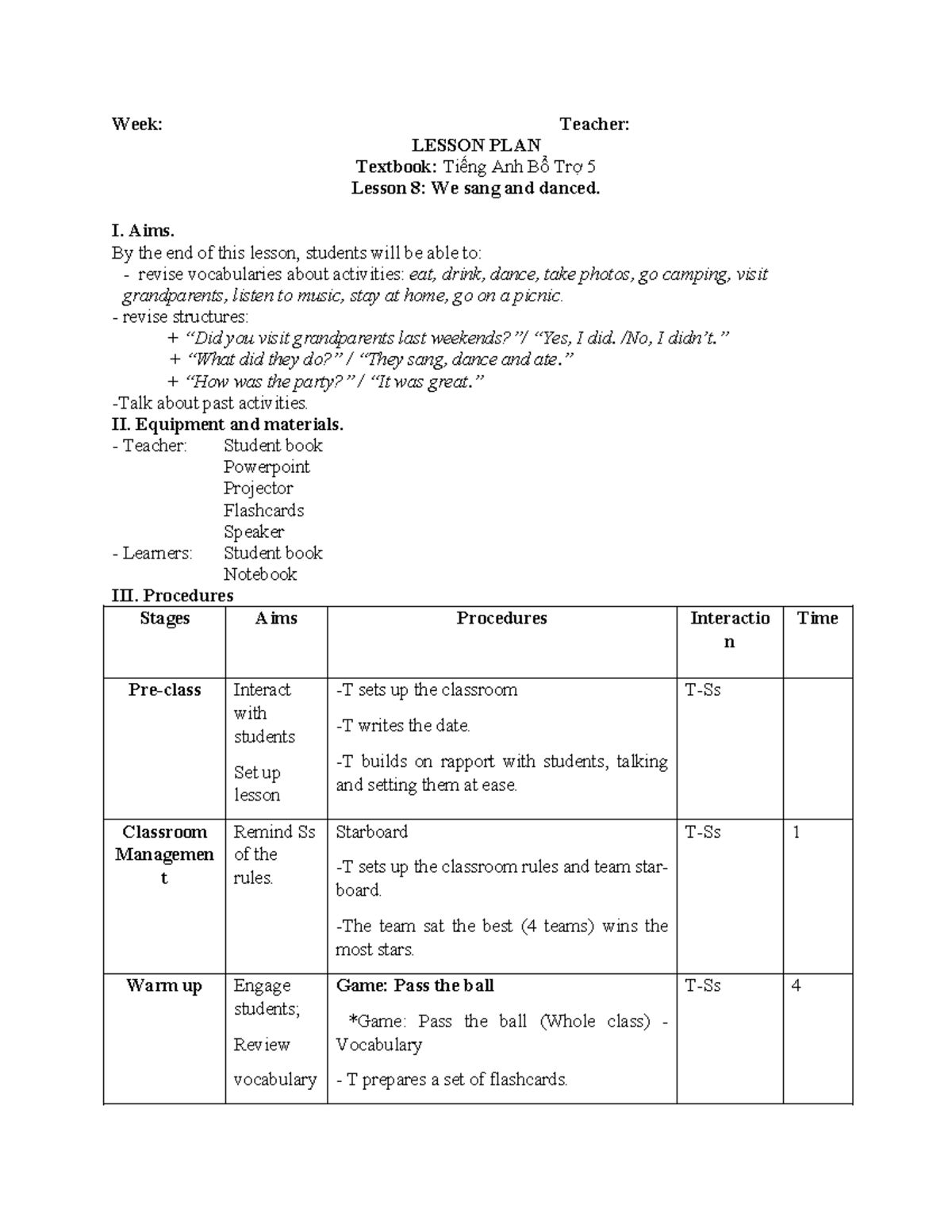 Grade 5 (1P) Lesson 8: We Sang and Danced - Lesson Plan - Studocu