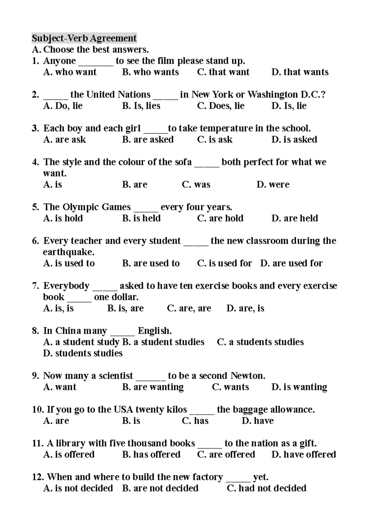 Subject-Verb Agreement Worksheet for Students - Studocu